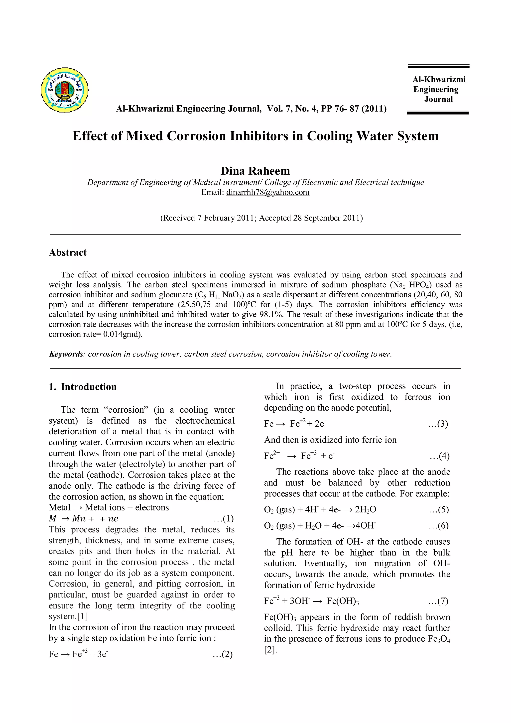 Evaluation of corrosion inhibitor by weight loss | PDF