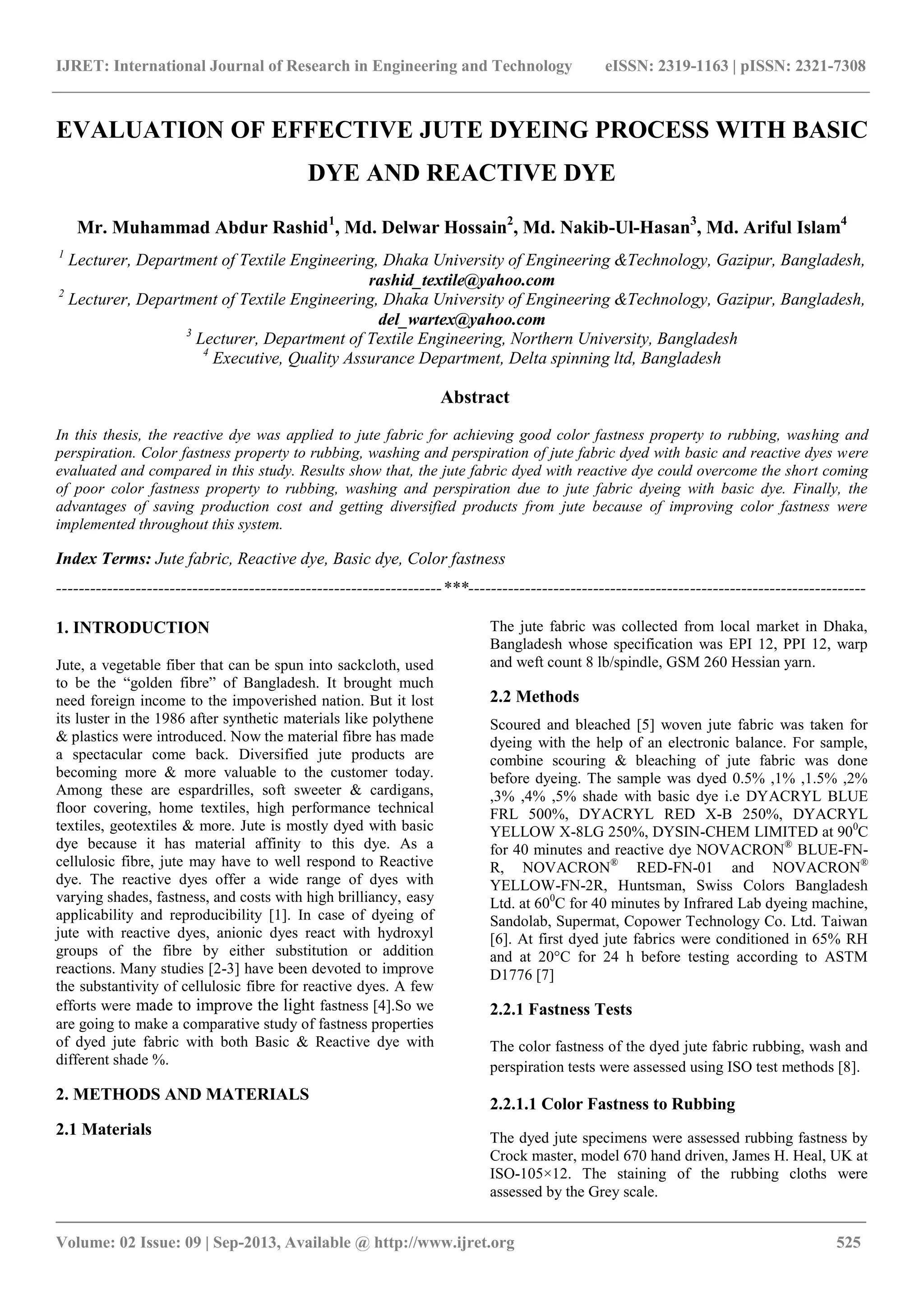Evaluation of effective jute dyeing process with basic dye and reactive ...