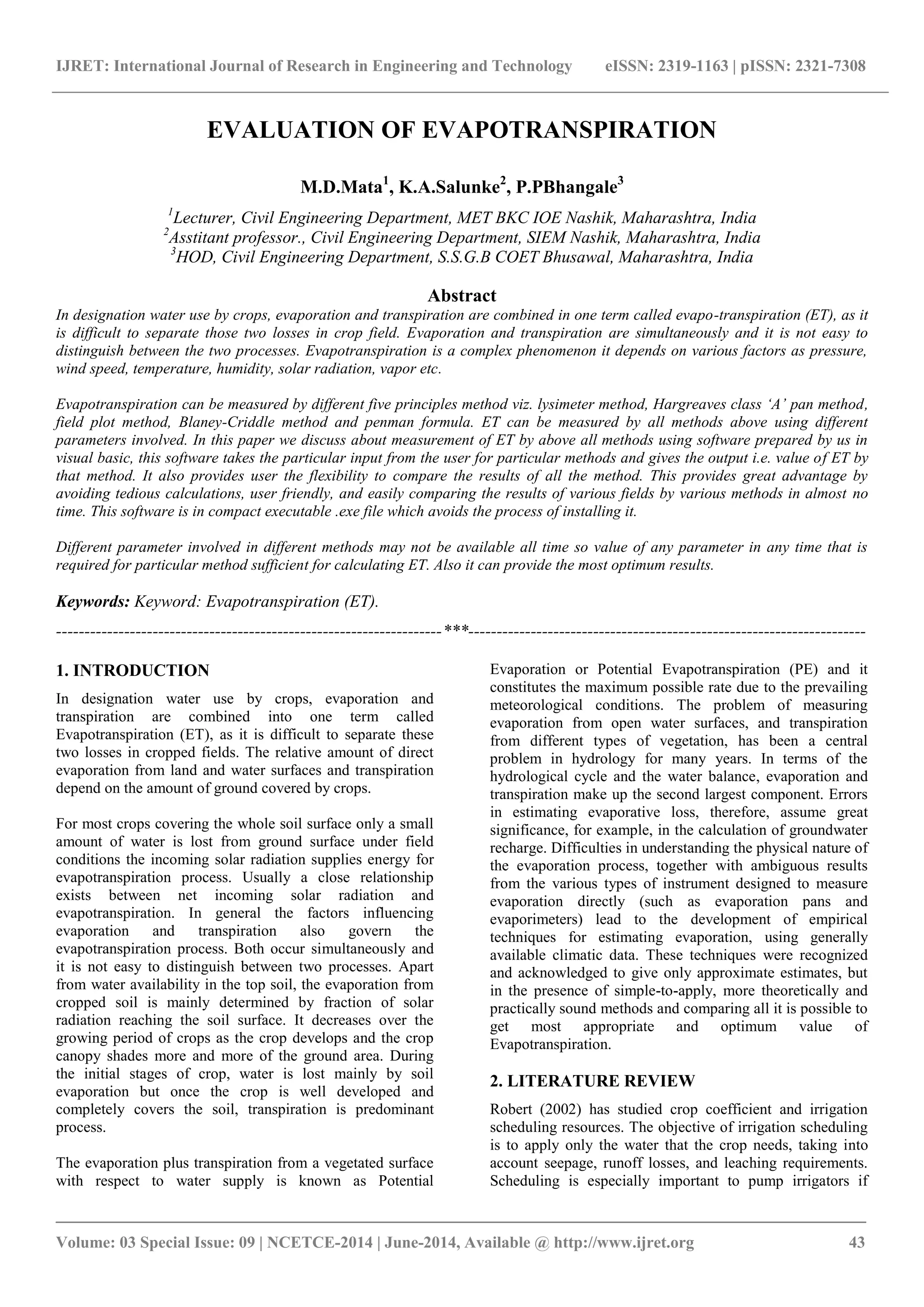 Evaluation of evapotranspiration | PDF