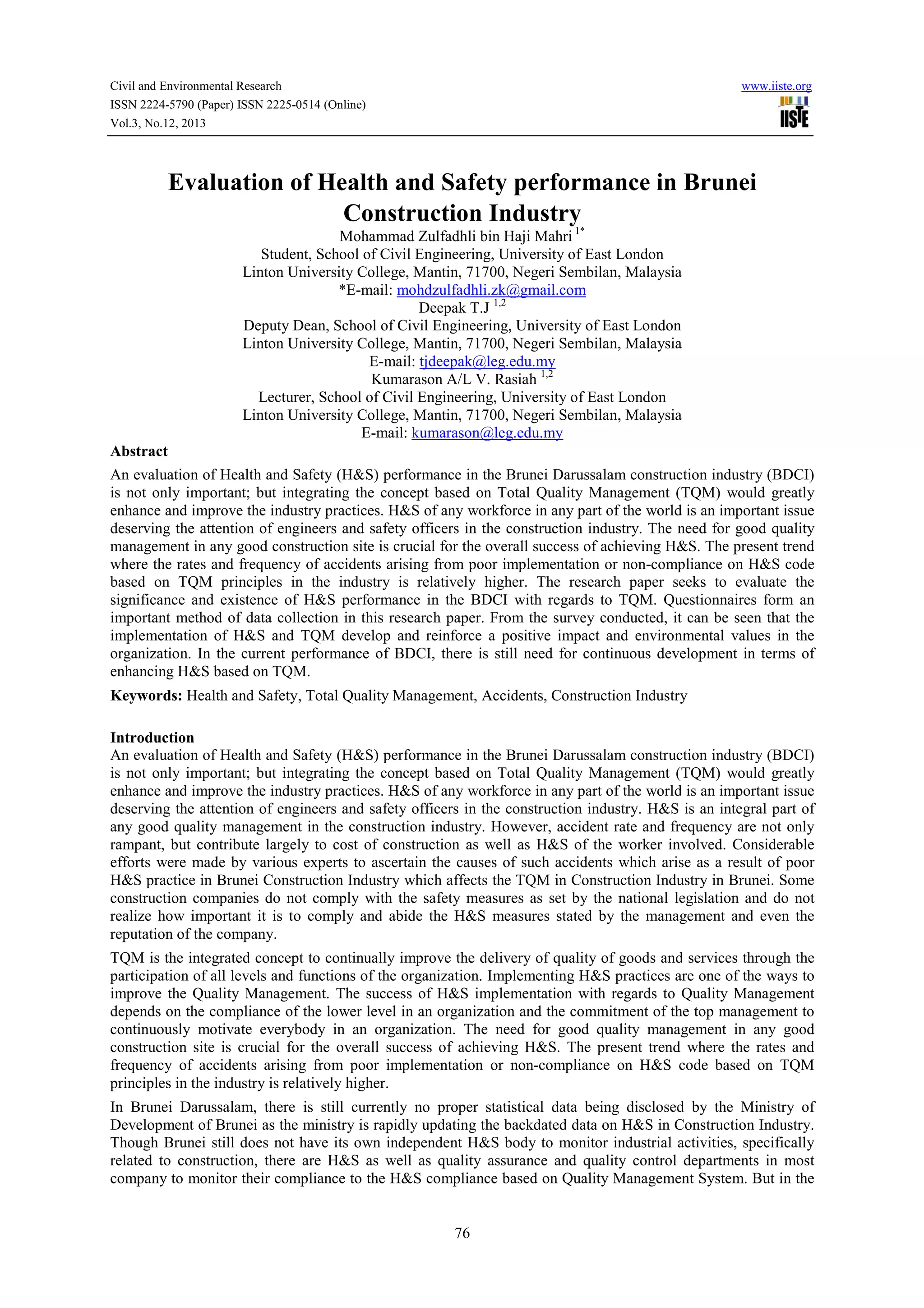 Evaluation of health and safety performance in brunei construction ...