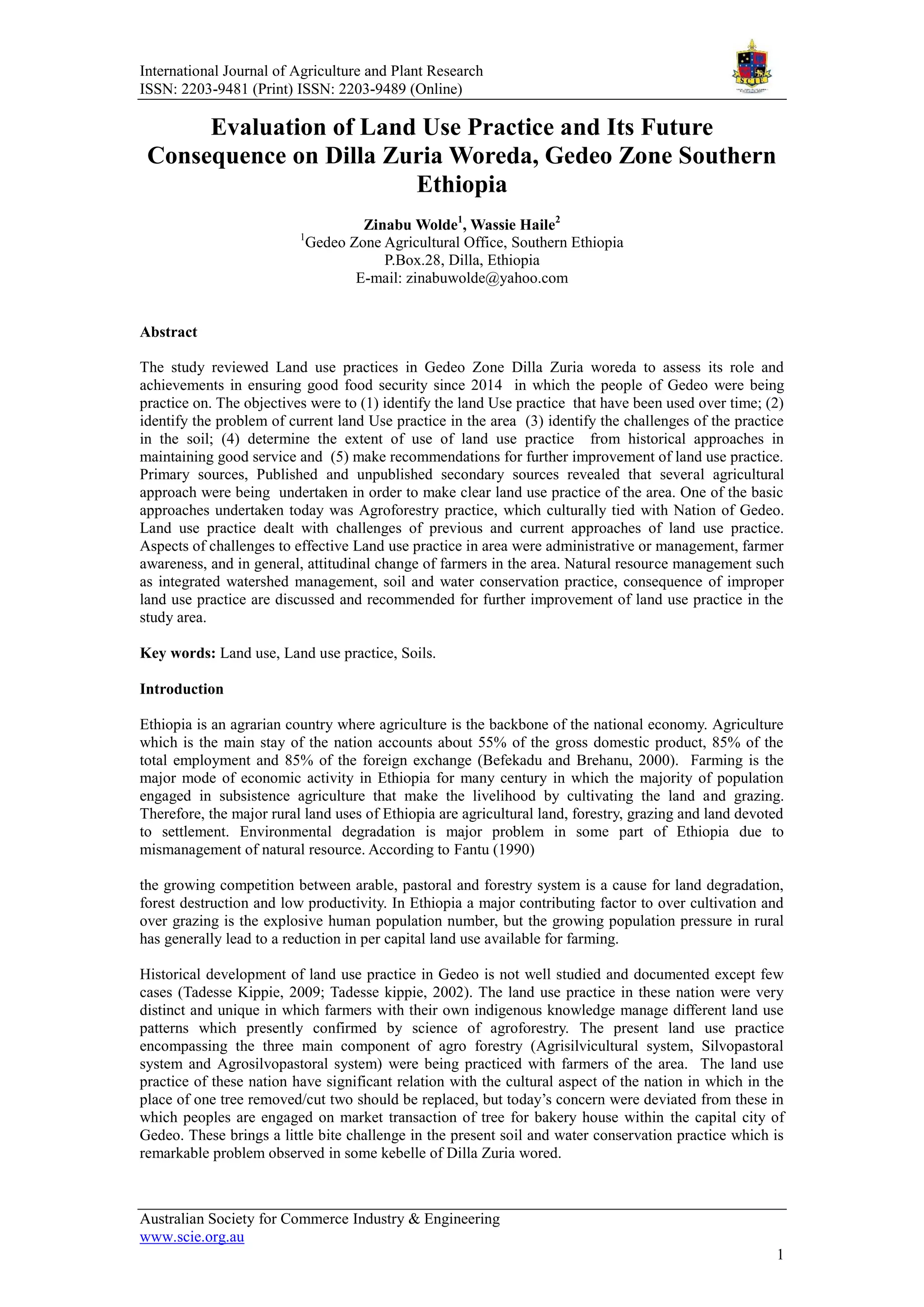 Evaluation of land use practice and its future consequence on dilla ...
