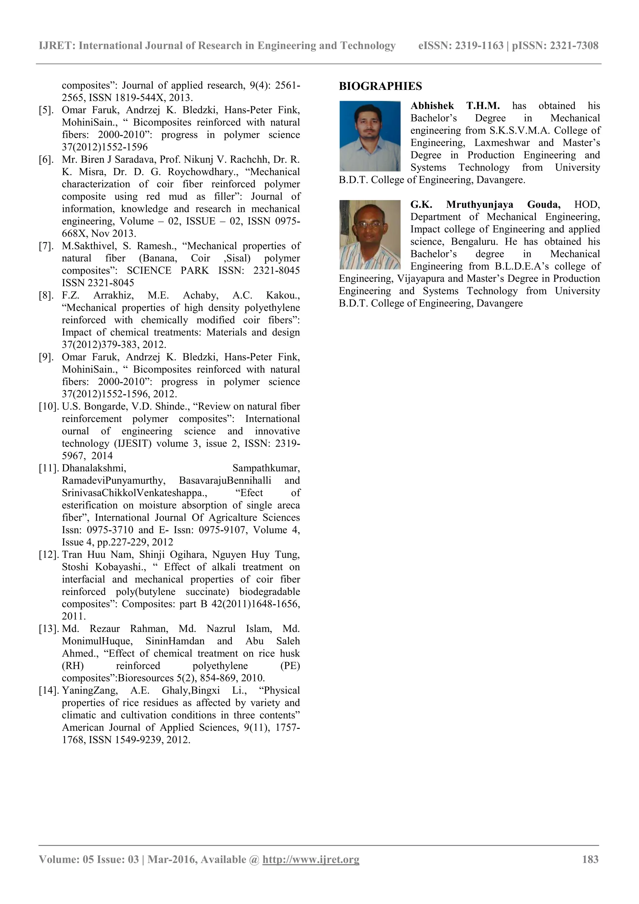 Evaluation of mechanical and water absorption behaviour of coir and rice husk reinforced ...