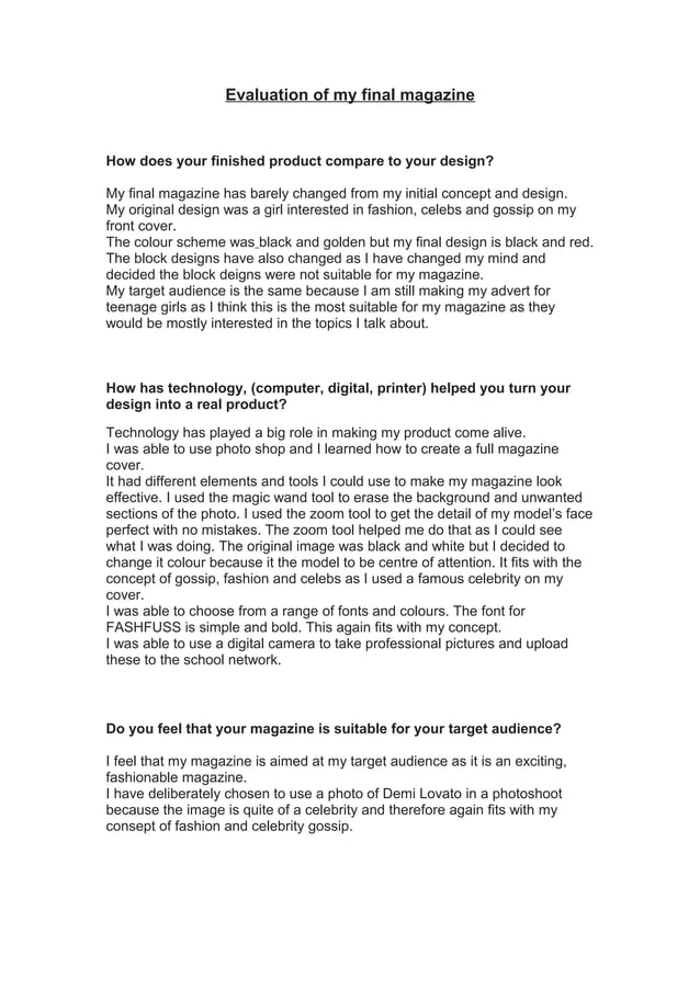 Evaluation of my final advert topic sentences magazine | PDF