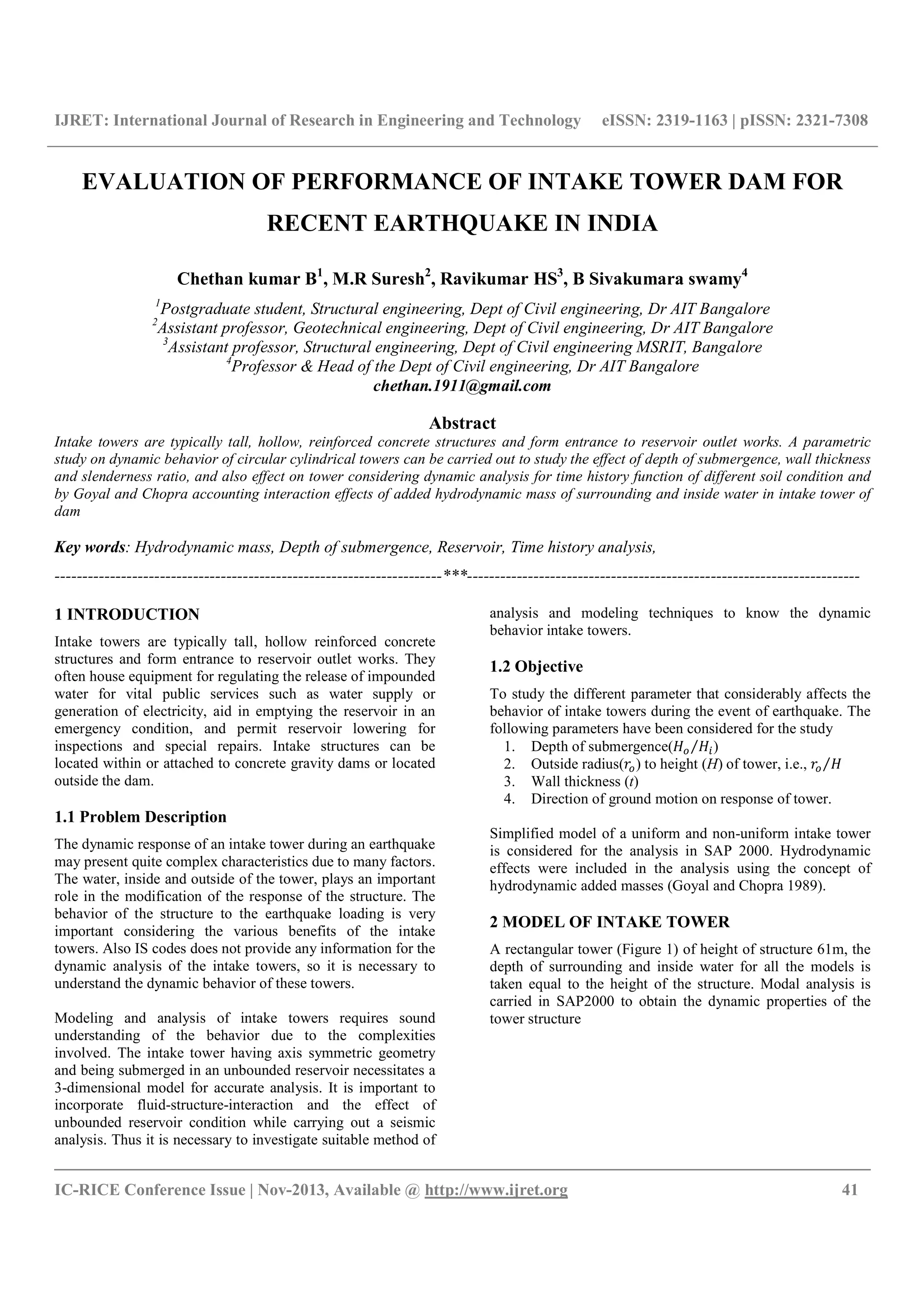 Evaluation of performance of intake tower dam for | PDF