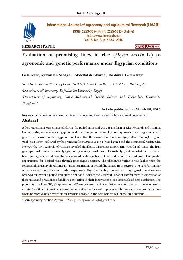 Evaluation Of Promising Lines In Rice O R Y Z A S A T I V A L To