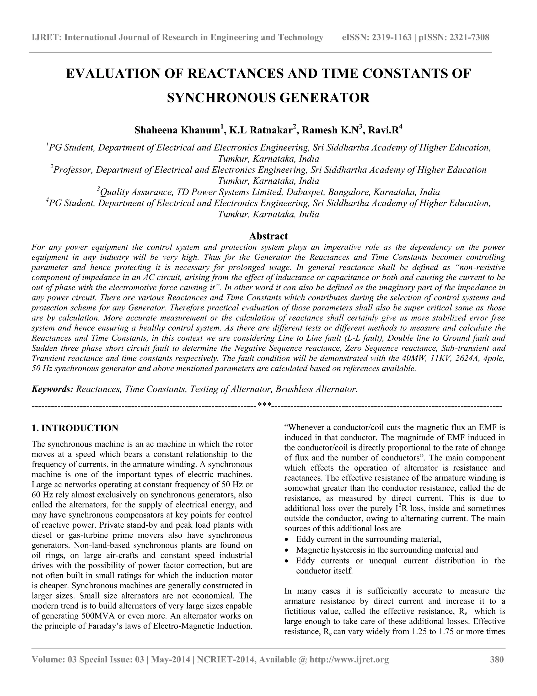 Evaluation Of Reactances And Time Constants Of Synchronous Generator Pdf Physics Science