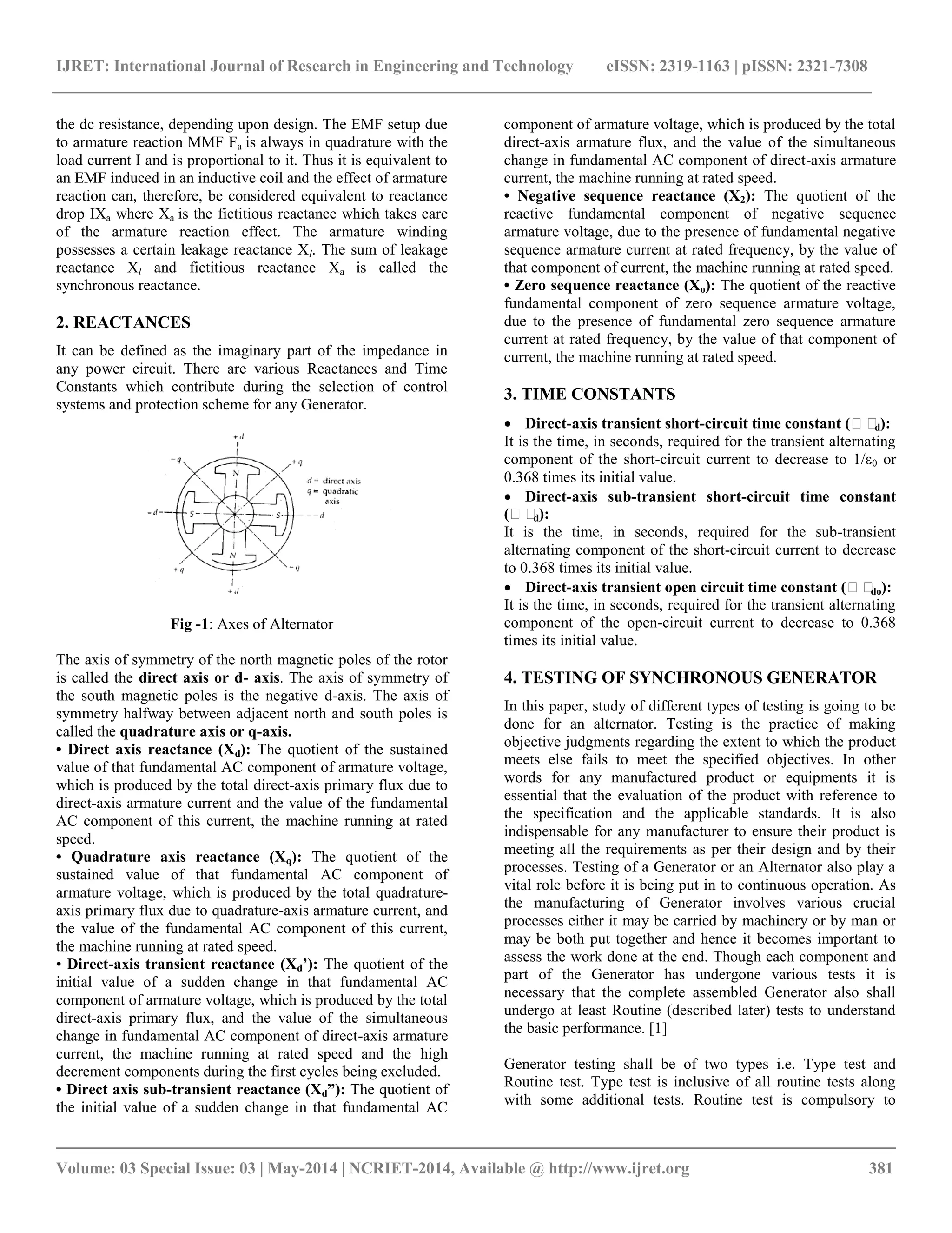 Evaluation Of Reactances And Time Constants Of Synchronous Generator Pdf Physics Science