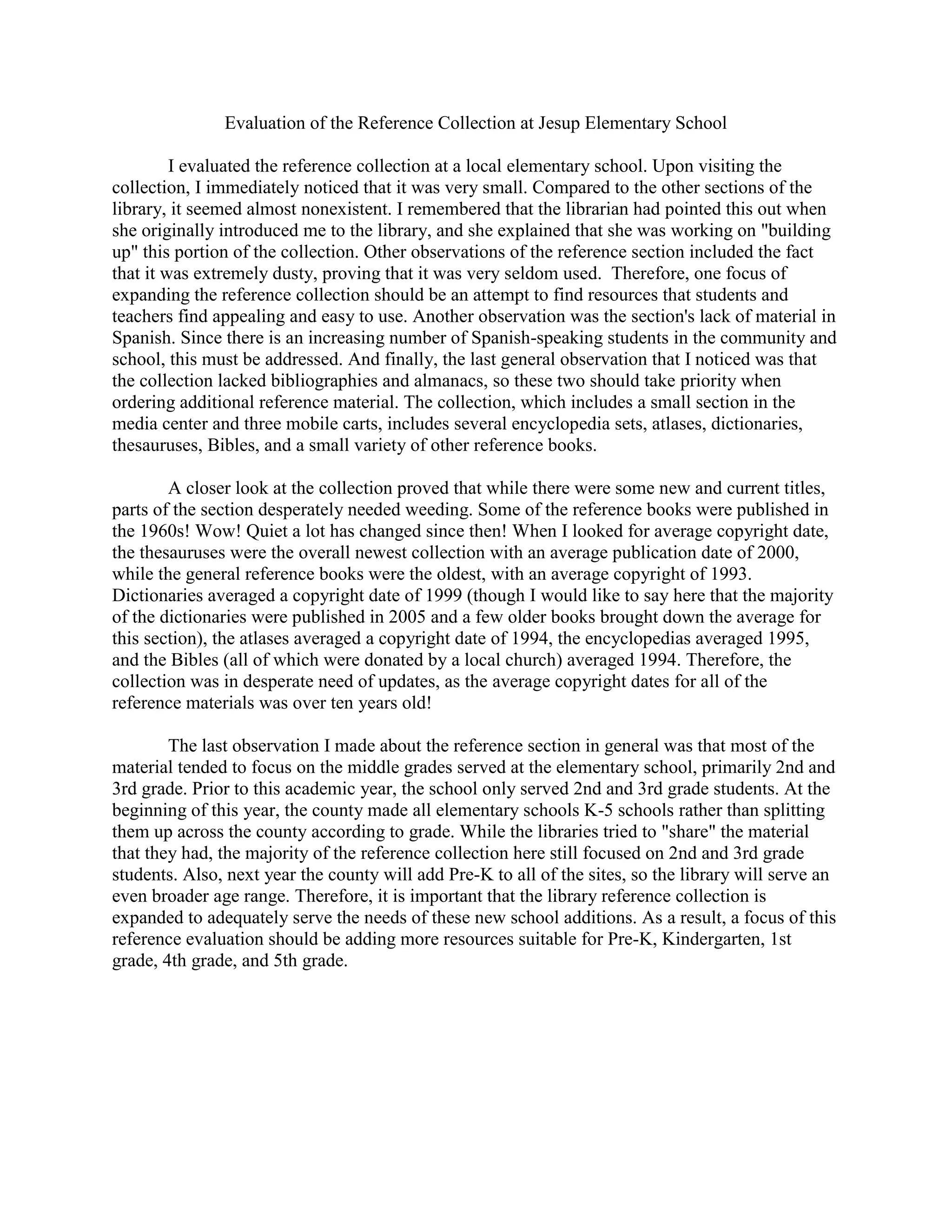 Evaluation of the reference collection at jesup elementary school | PDF