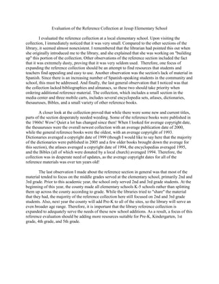 Evaluation of the reference collection at jesup elementary school | PDF