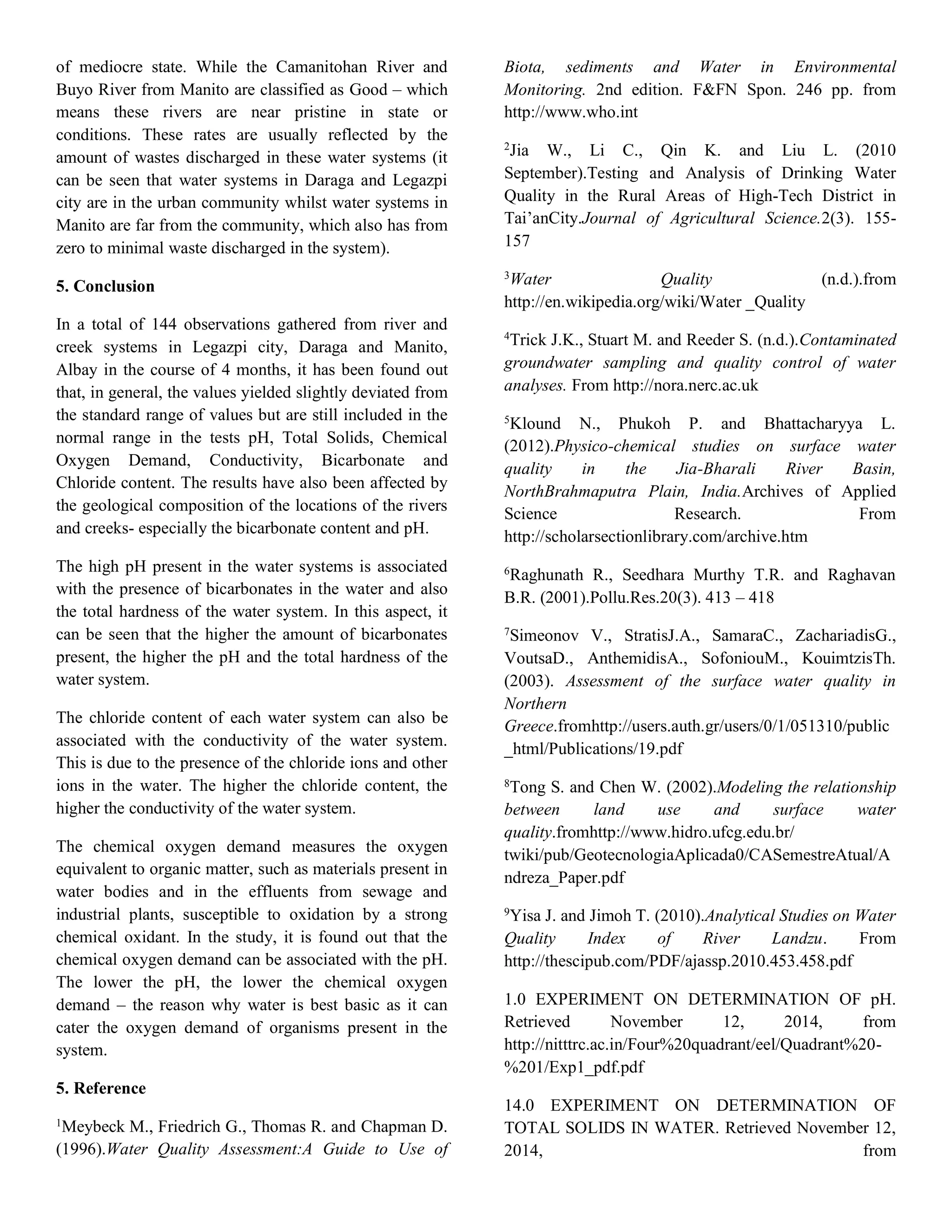 Evaluation of water quality of river and creek systems in legazpi city ...