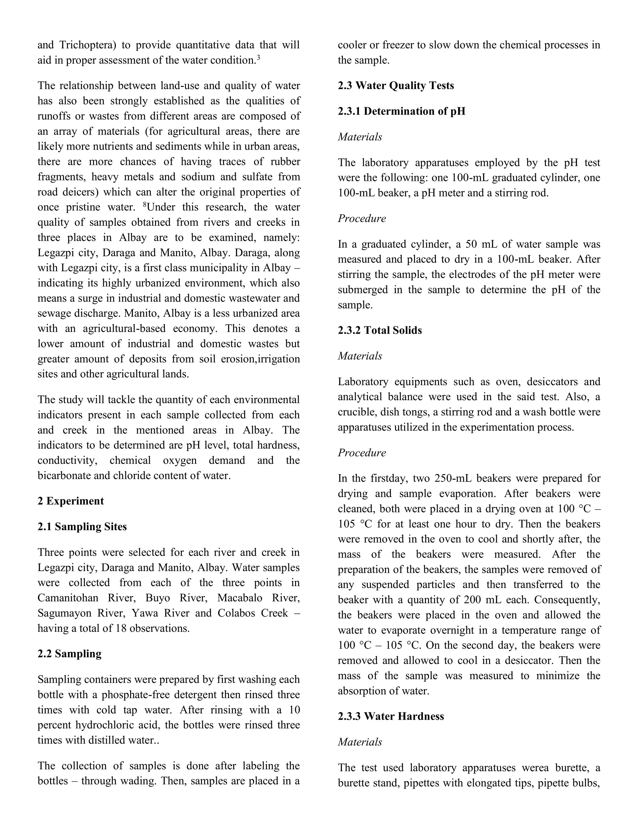Evaluation of water quality of river and creek systems in legazpi city, daraga and manito, albay ...