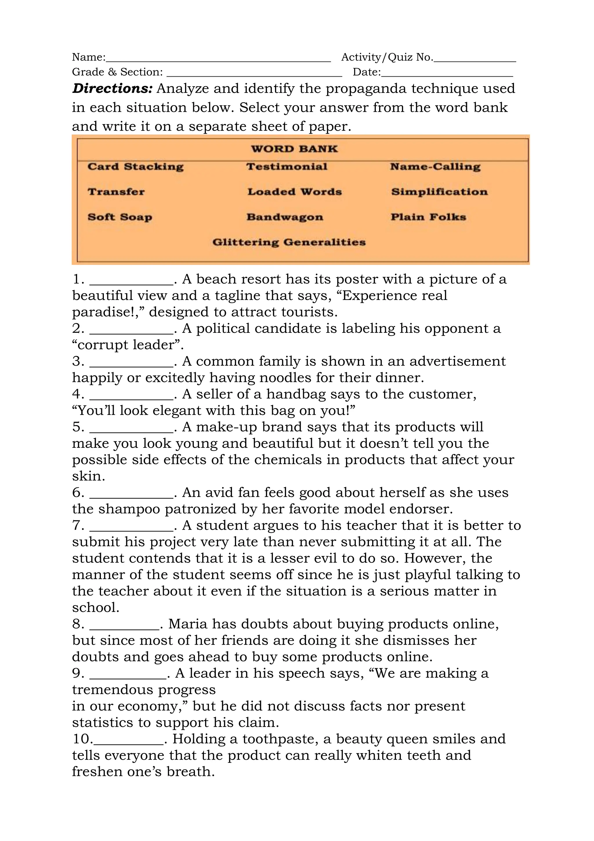 Evaluation Propaganda formative test quiz | DOCX