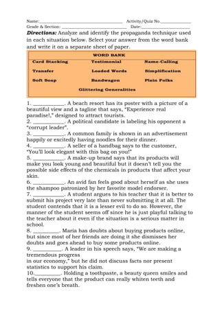 Evaluation Propaganda formative test quiz | DOCX