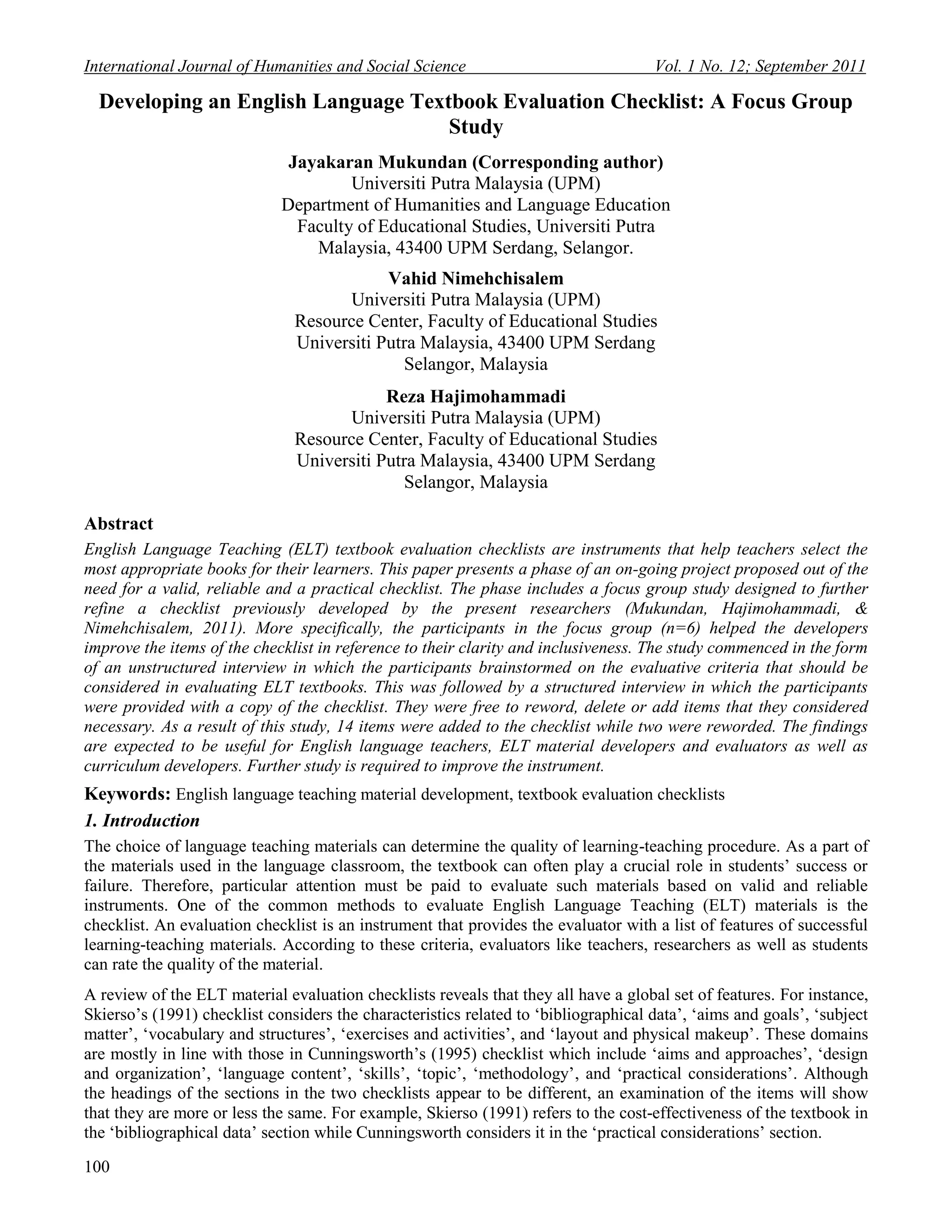 Developing English Textbook Evaluation Checklist | PDF