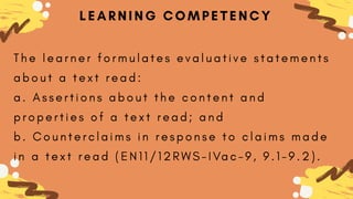 Reading & Writing Evaluative Statements | PPTX