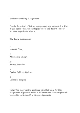Evaluative Writing Assignment For the Descriptive Writing .docx | Education
