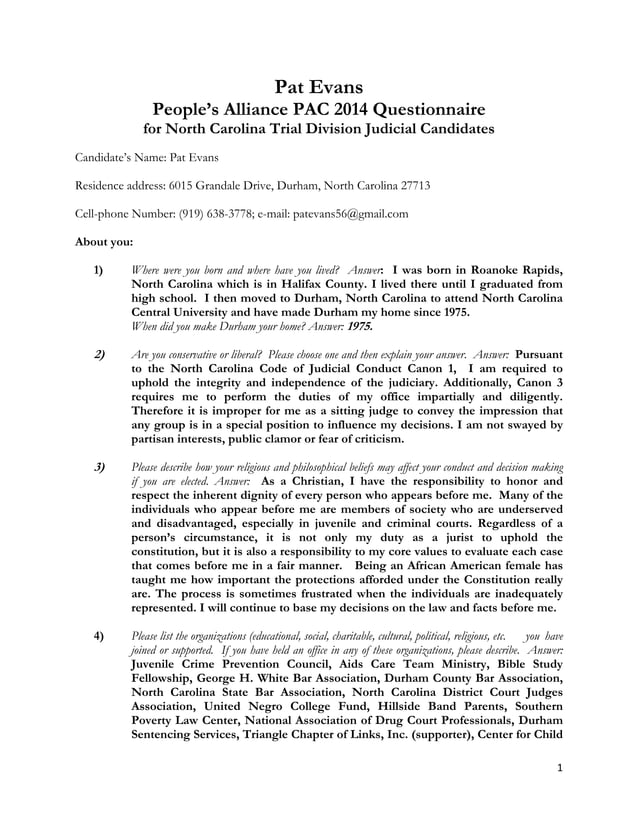 Pat Evans 2014 PA-PAC Questionnaire | PDF