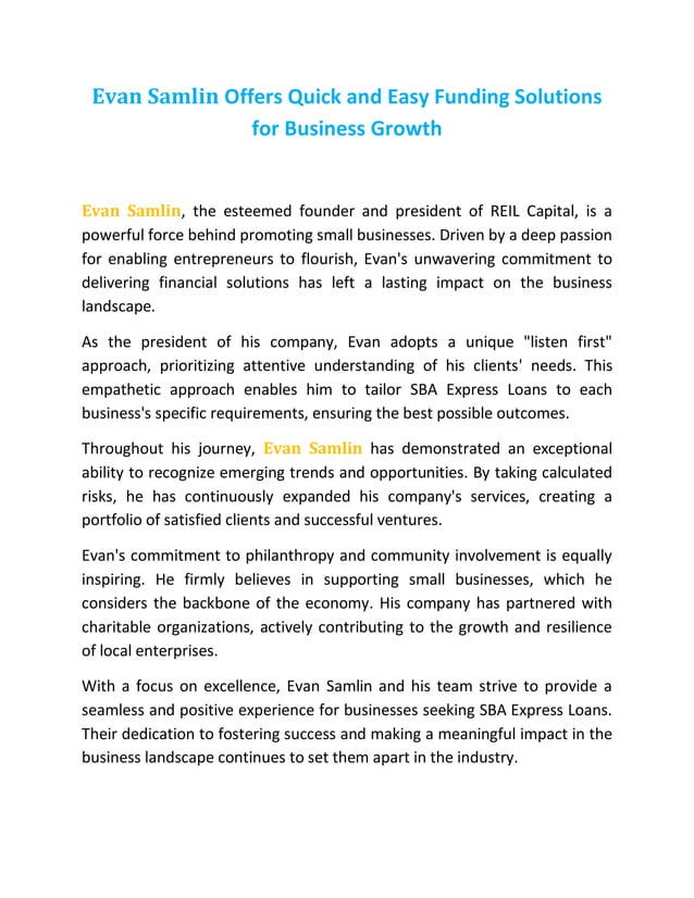 Evan Samlin Offers Quick and Easy Funding Solutions for Business Growth ...