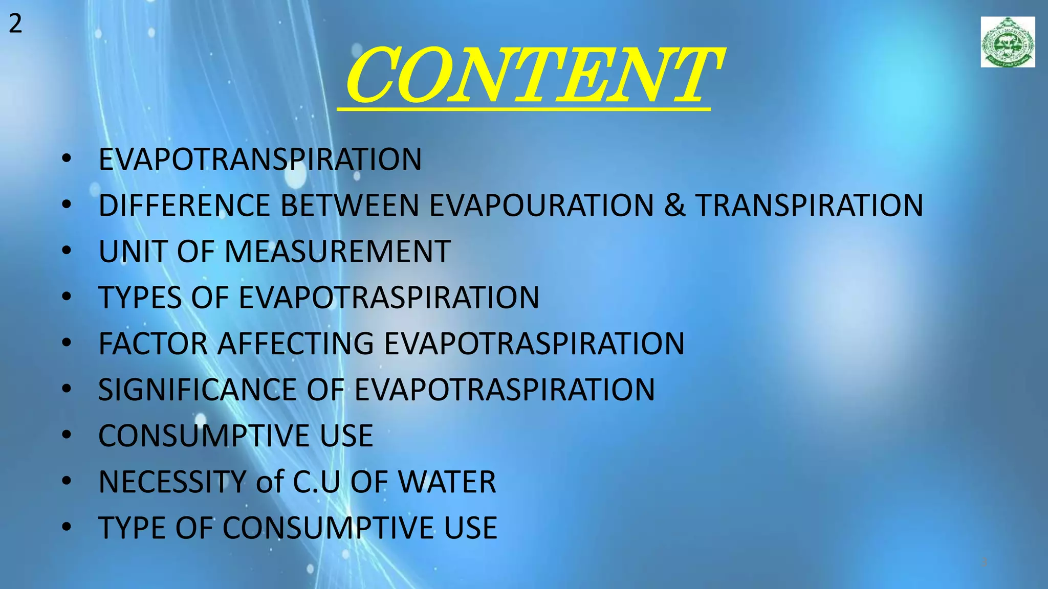 Evapotranspiration & consumptive use | PPTX