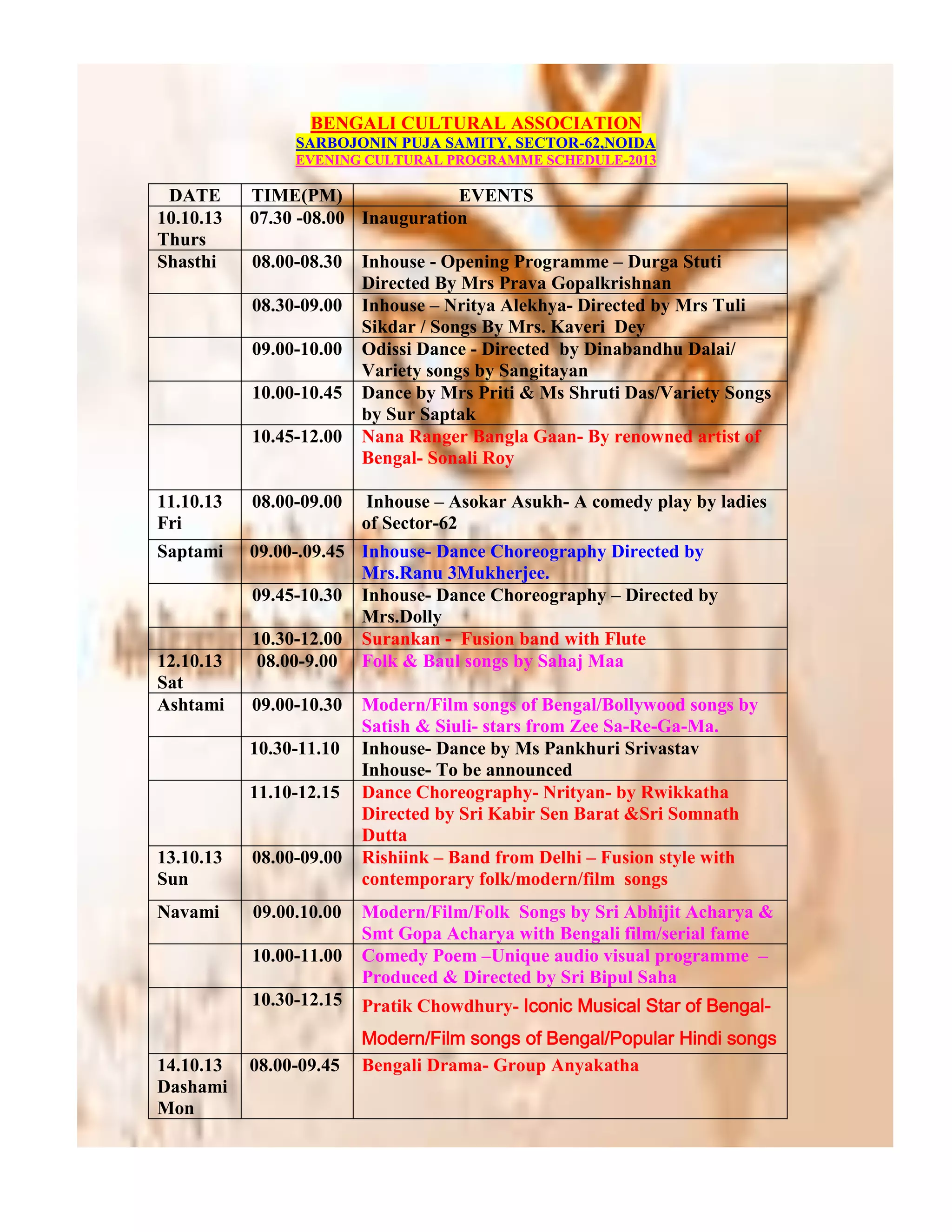 Evening Cultural Program Schedule: Sarbojonin Puja Samity, Sector 62 ...