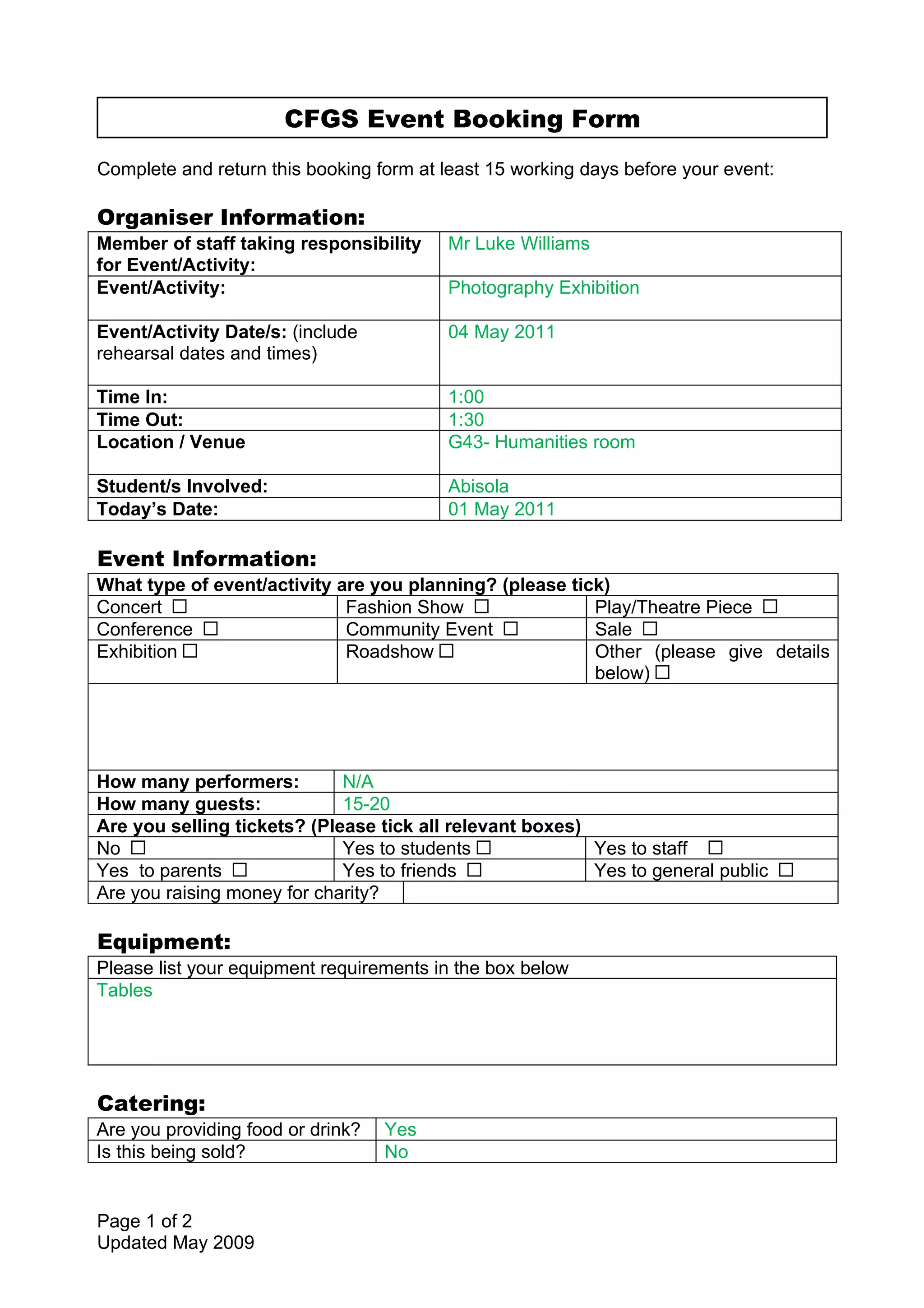 Event booking form | PDF