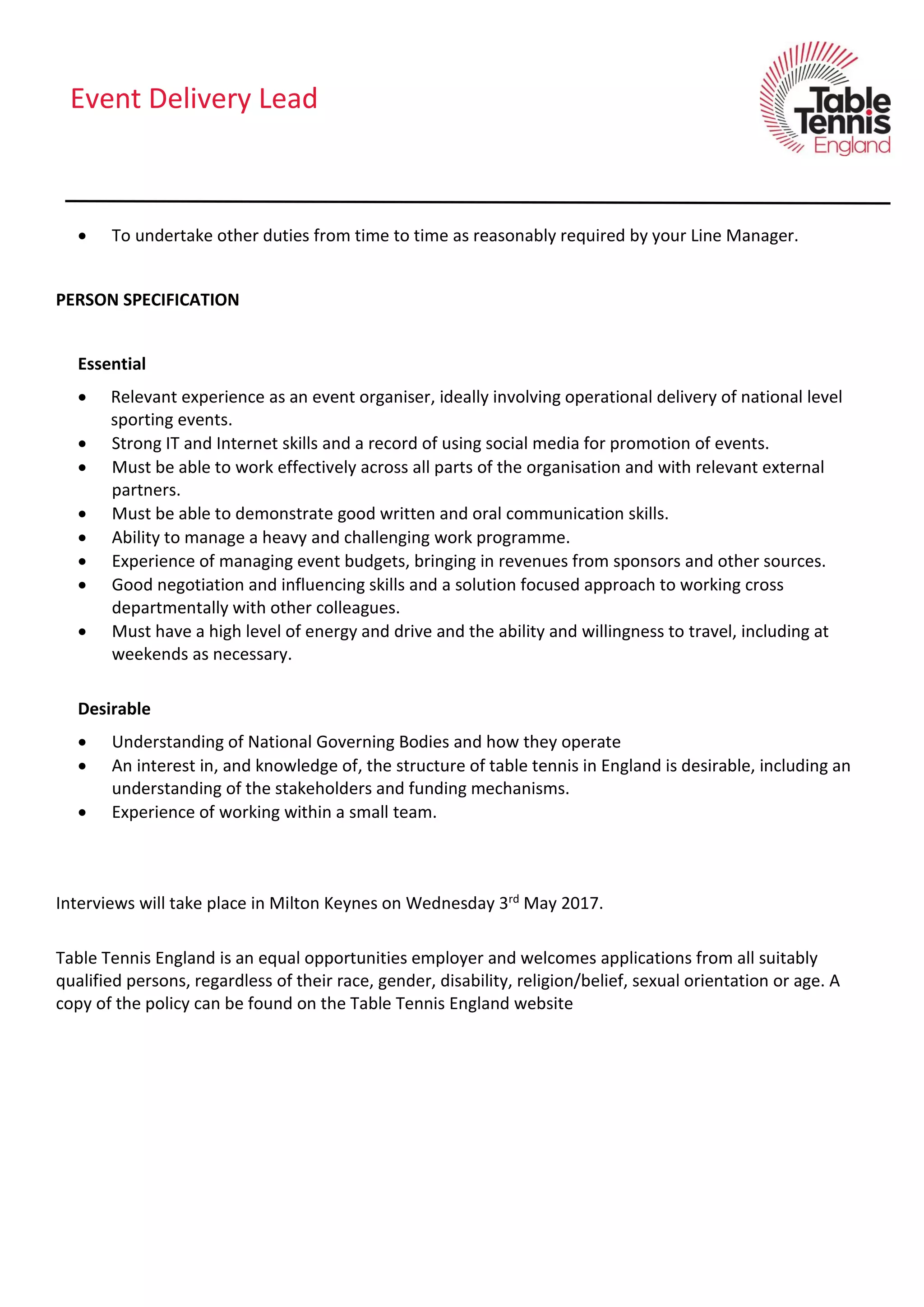 Event Delivery Lead Job Description | PDF