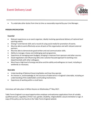 Event Delivery Lead Job Description | PDF
