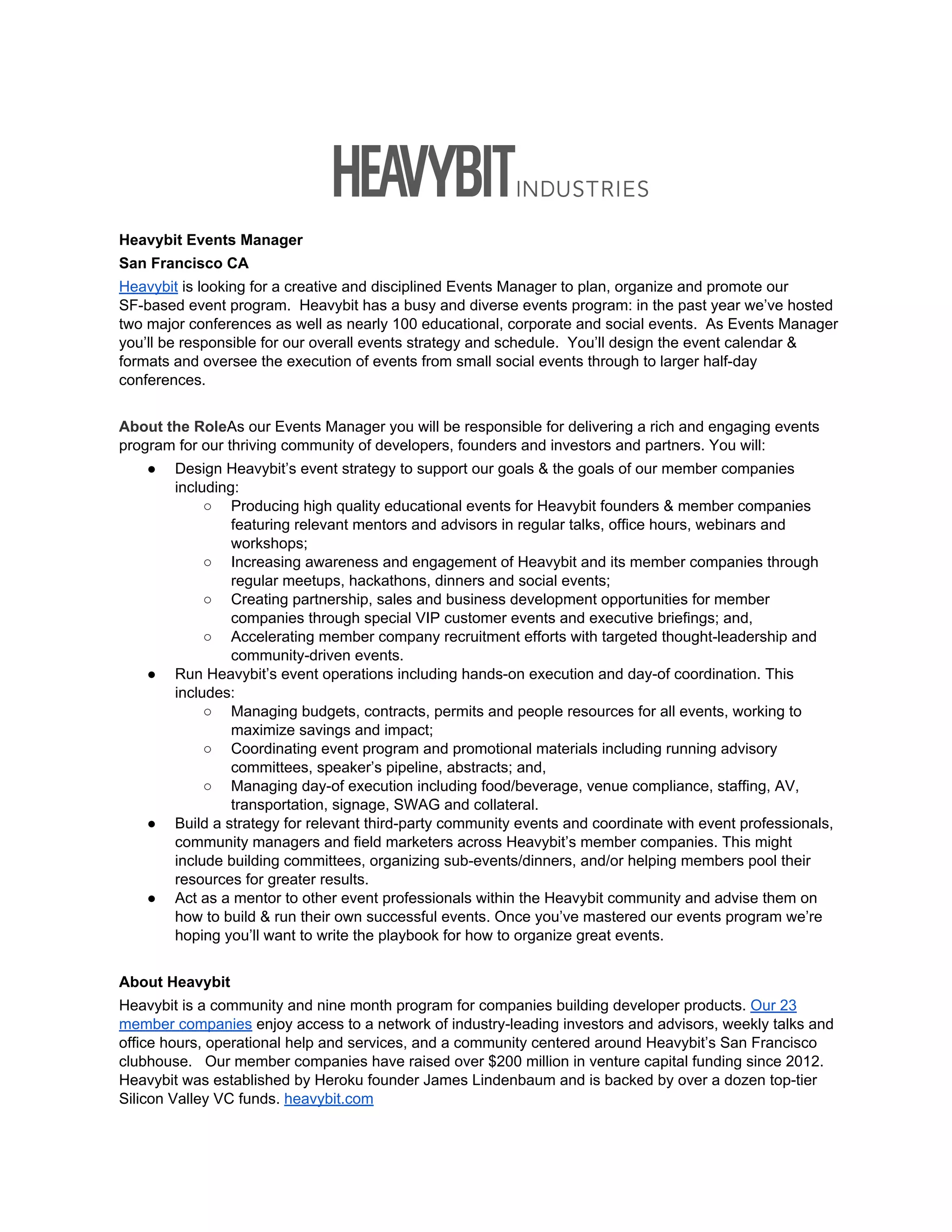 Heavybit is Hiring an Events Manager | PDF