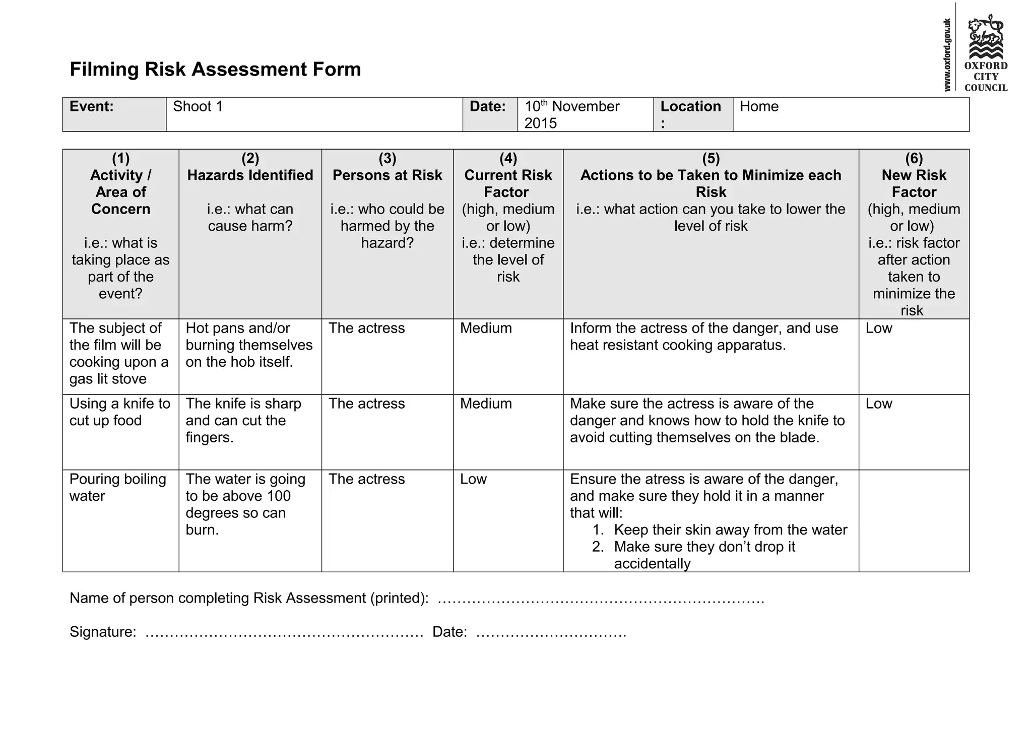 Filming risk assessment form | DOC