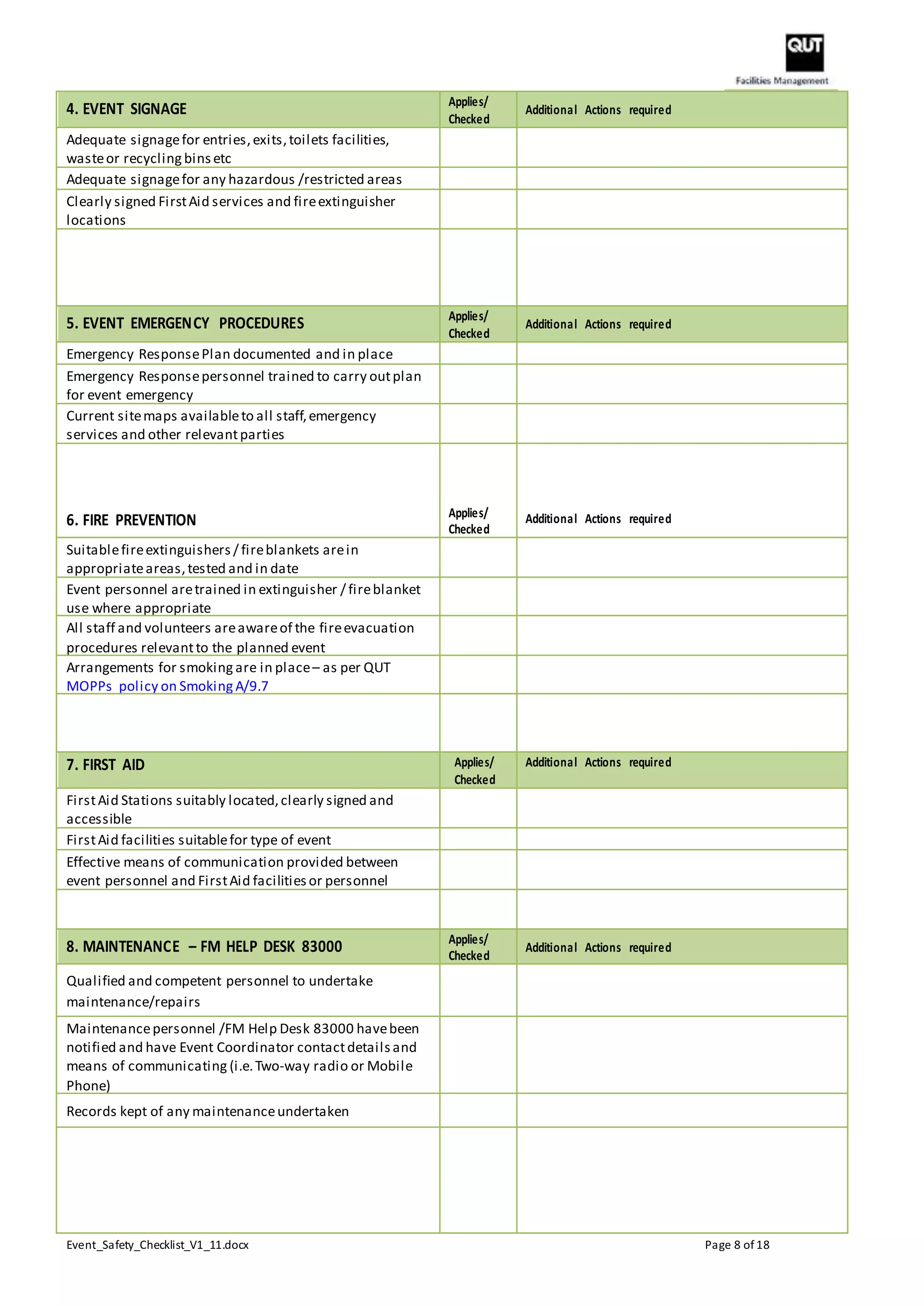 Event safety checklist | DOCX