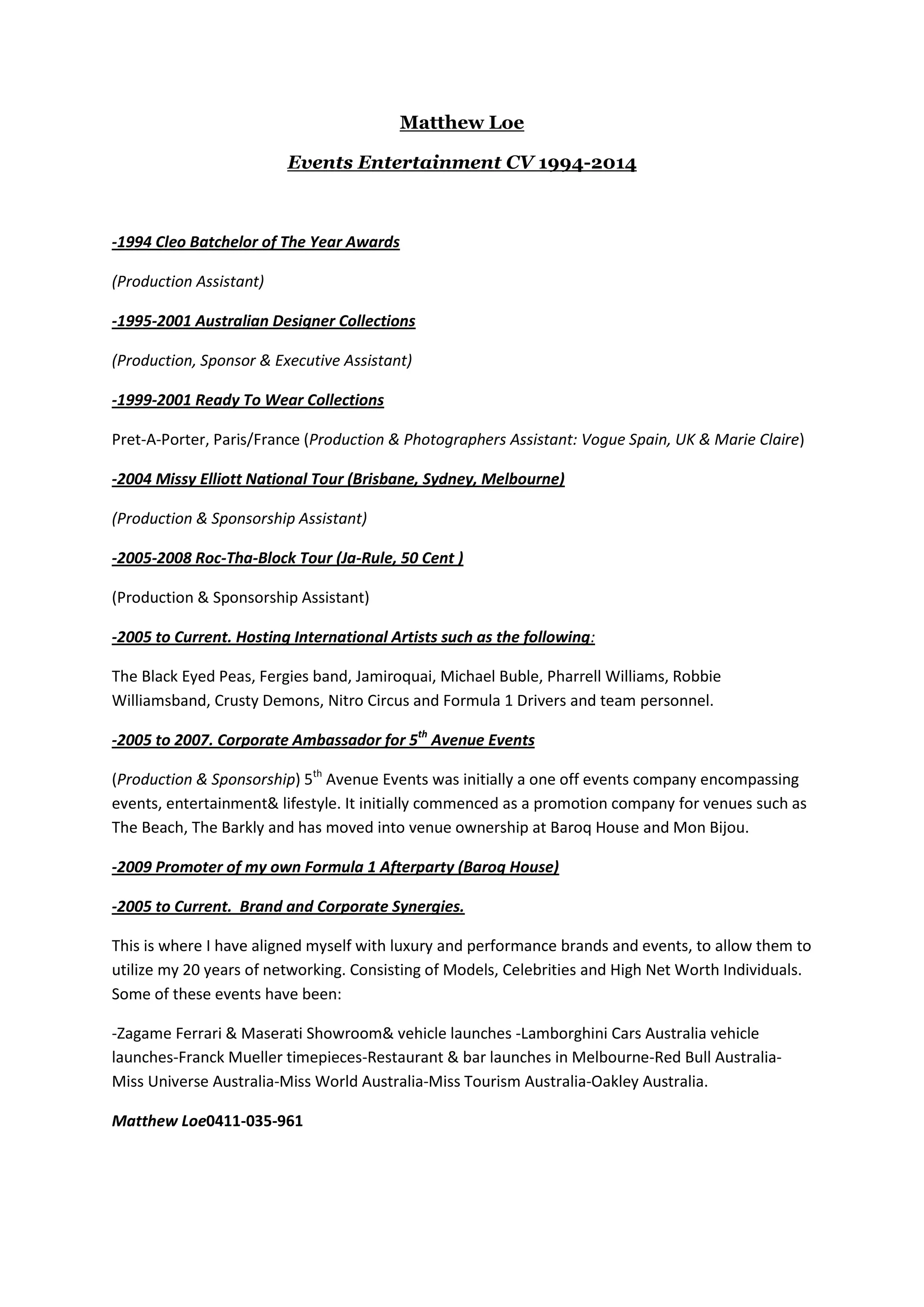 Events cv matt loe | DOCX