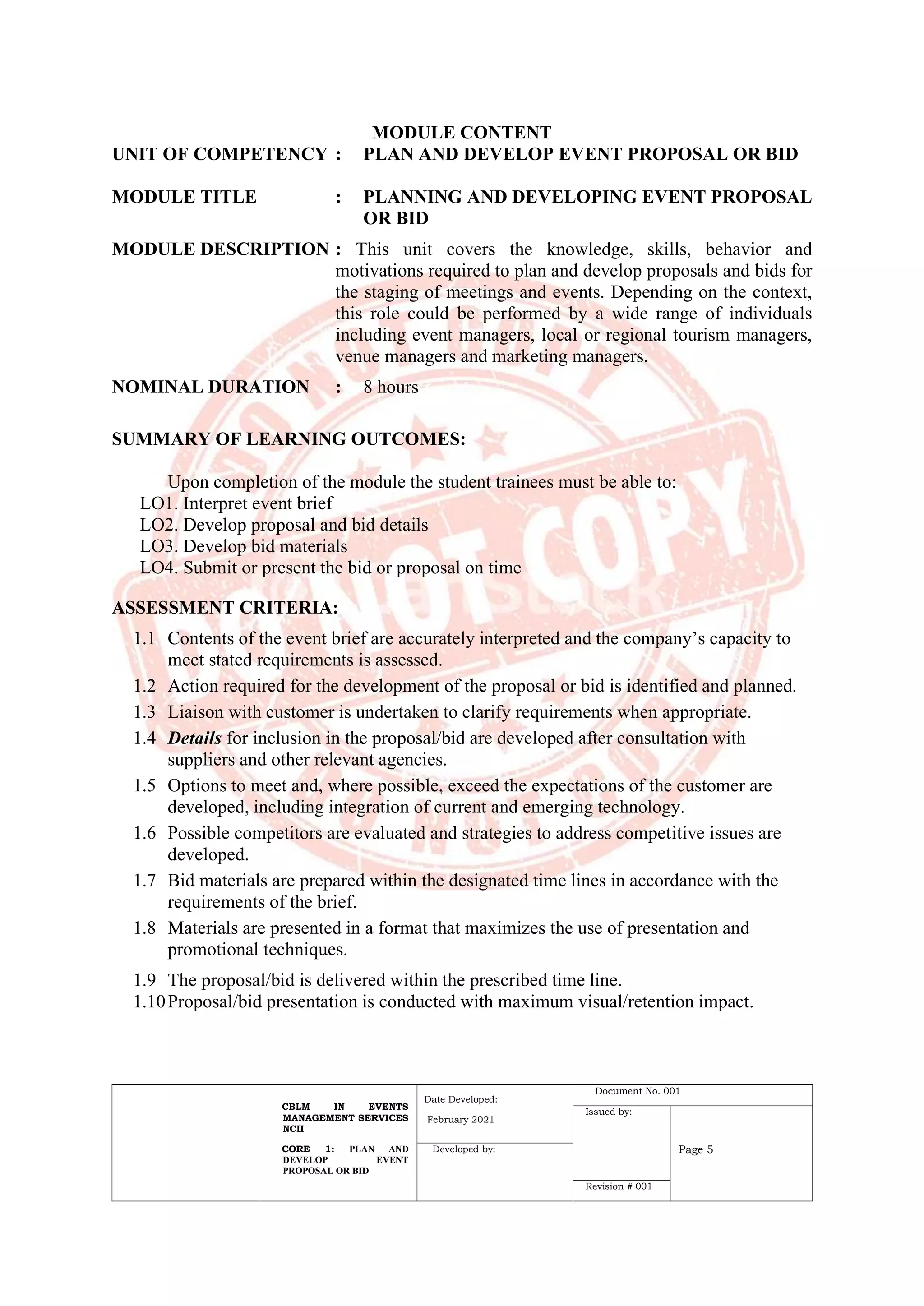 EVENTS MANAGEMENT SERVICES NC III - CBLM | PDF