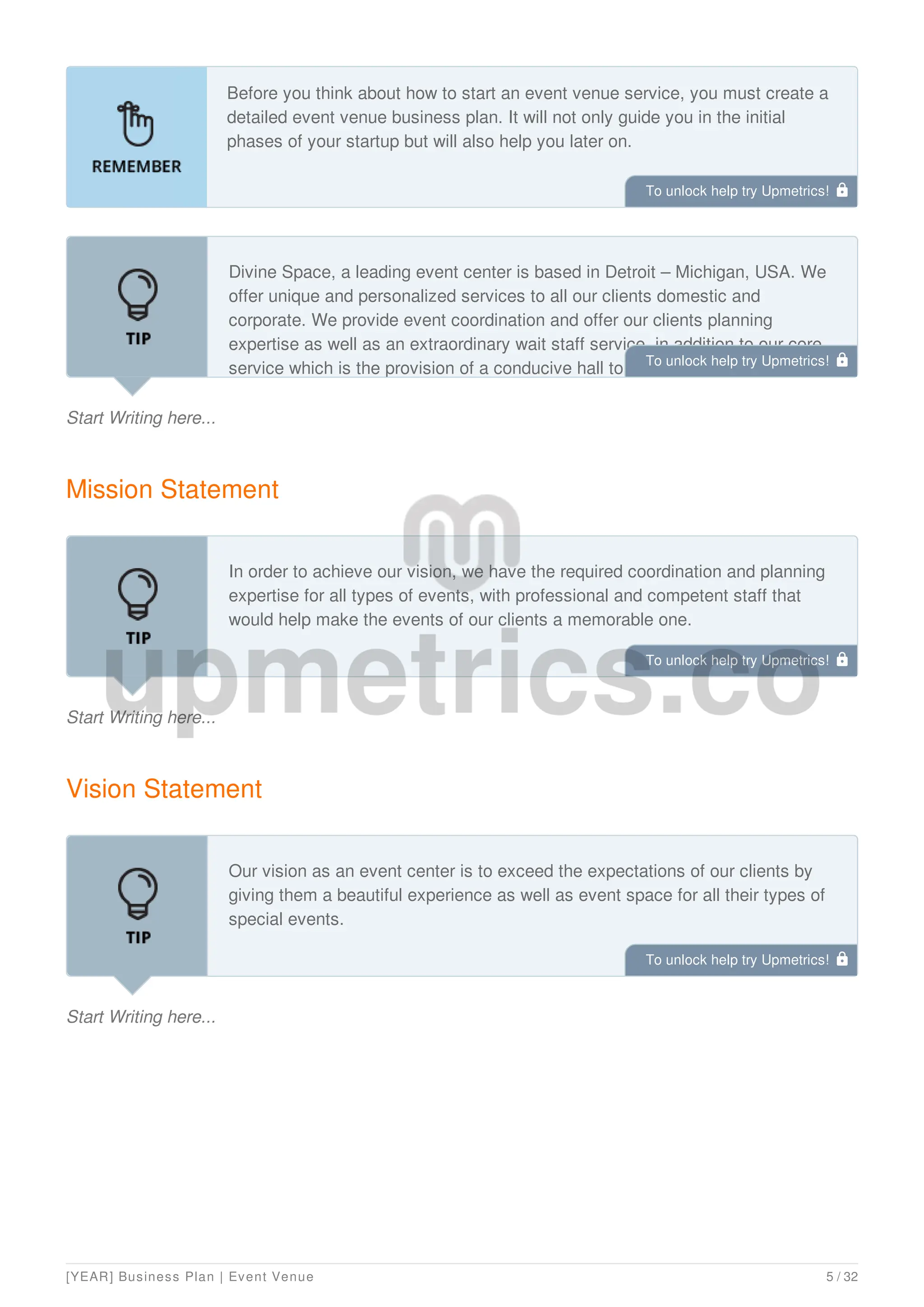 Event Venue Business Plan Example | Upmetrics | PDF