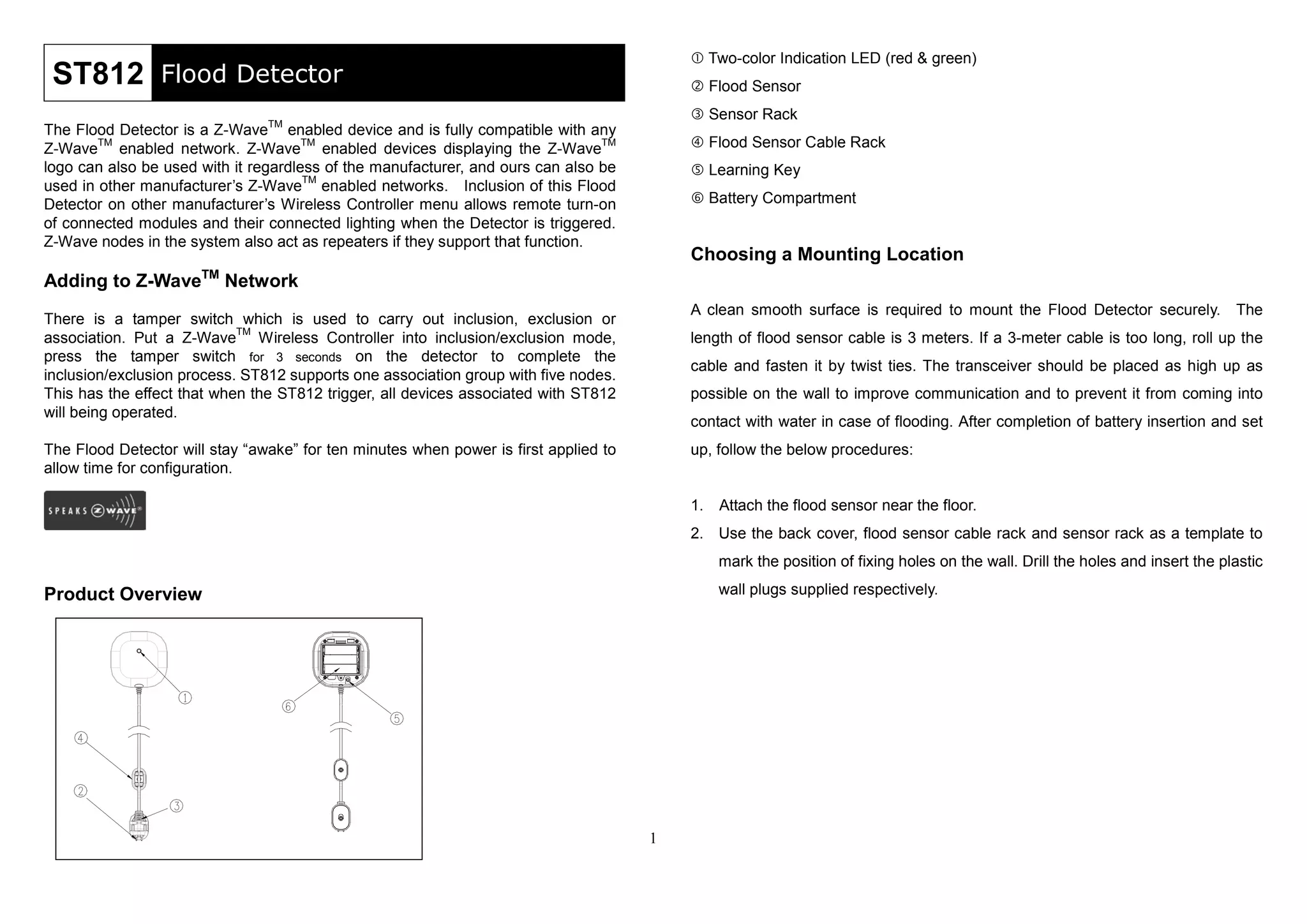 Evespring ST812 Z-Wave flood sendor manual in English | PPT