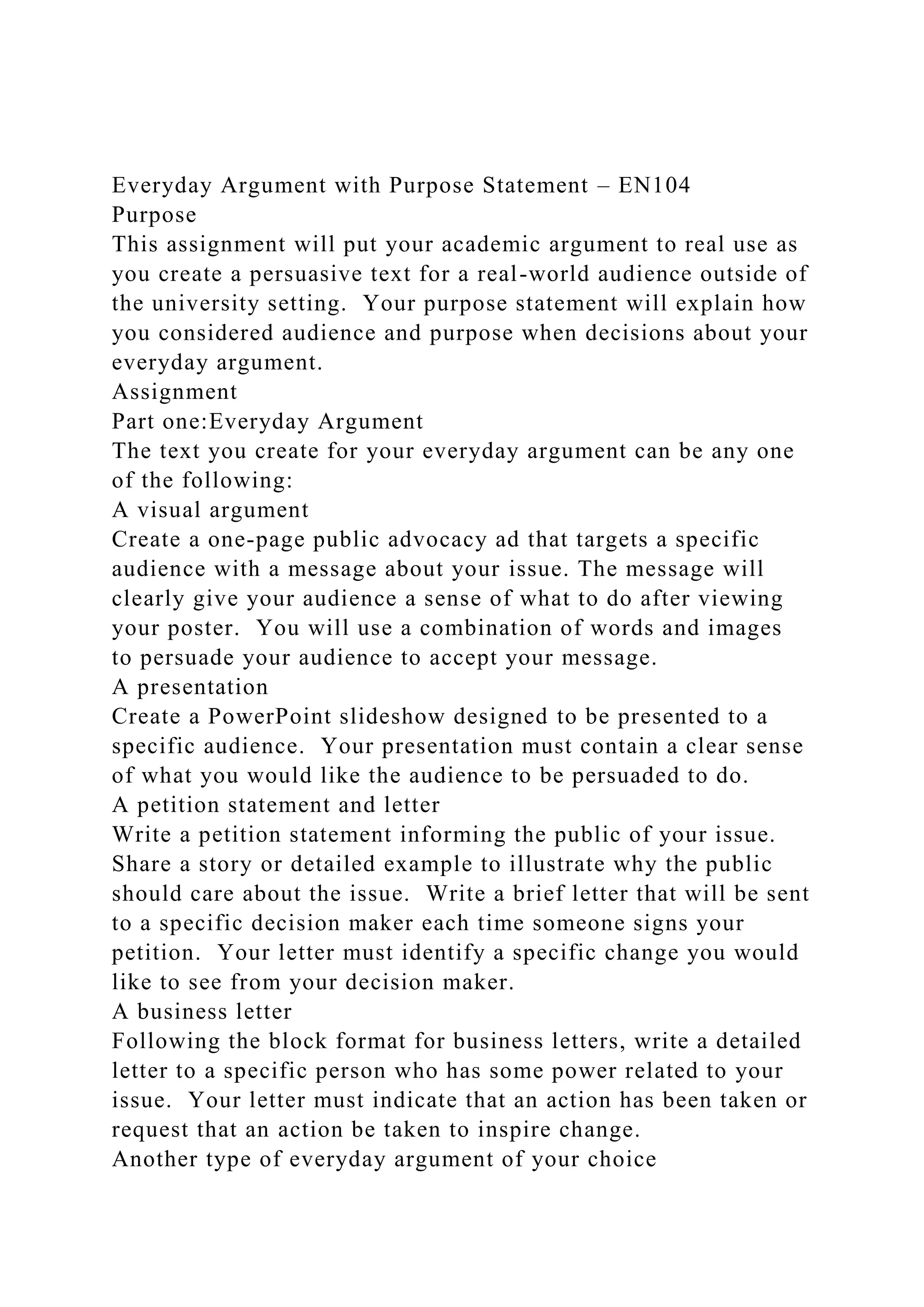 Everyday Argument with Purpose Statement – EN104 PurposeThis a.docx