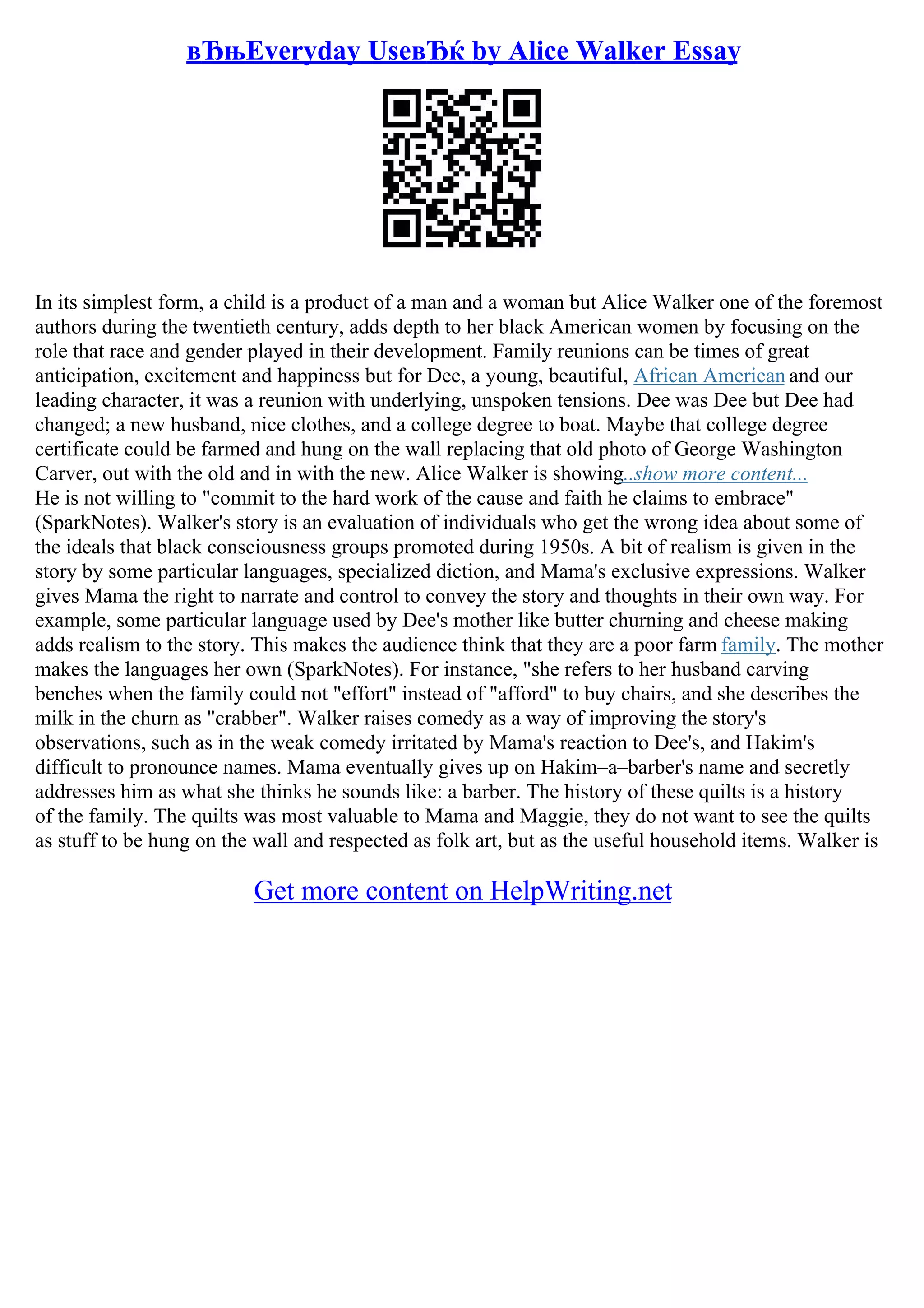 Everyday Use By Alice Walker Essay | PDF