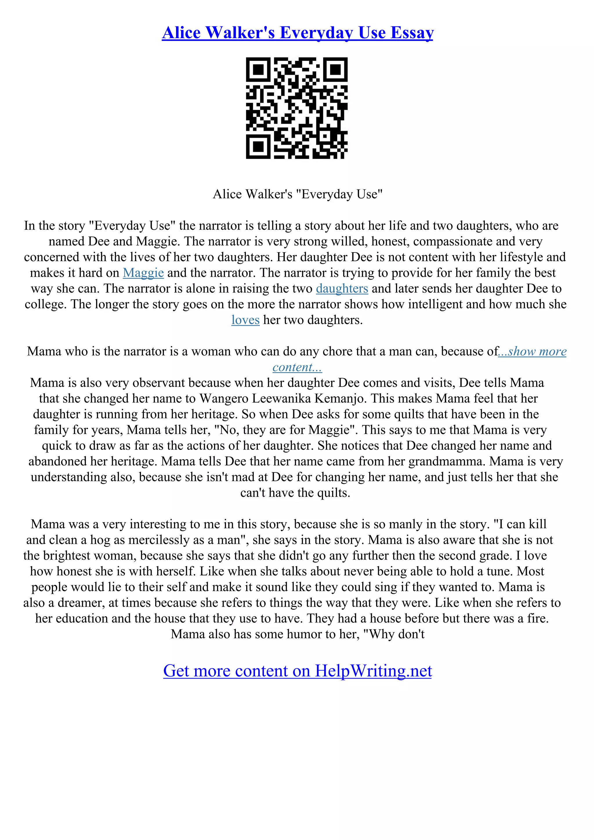 Everyday Use By Alice Walker Essay | PDF