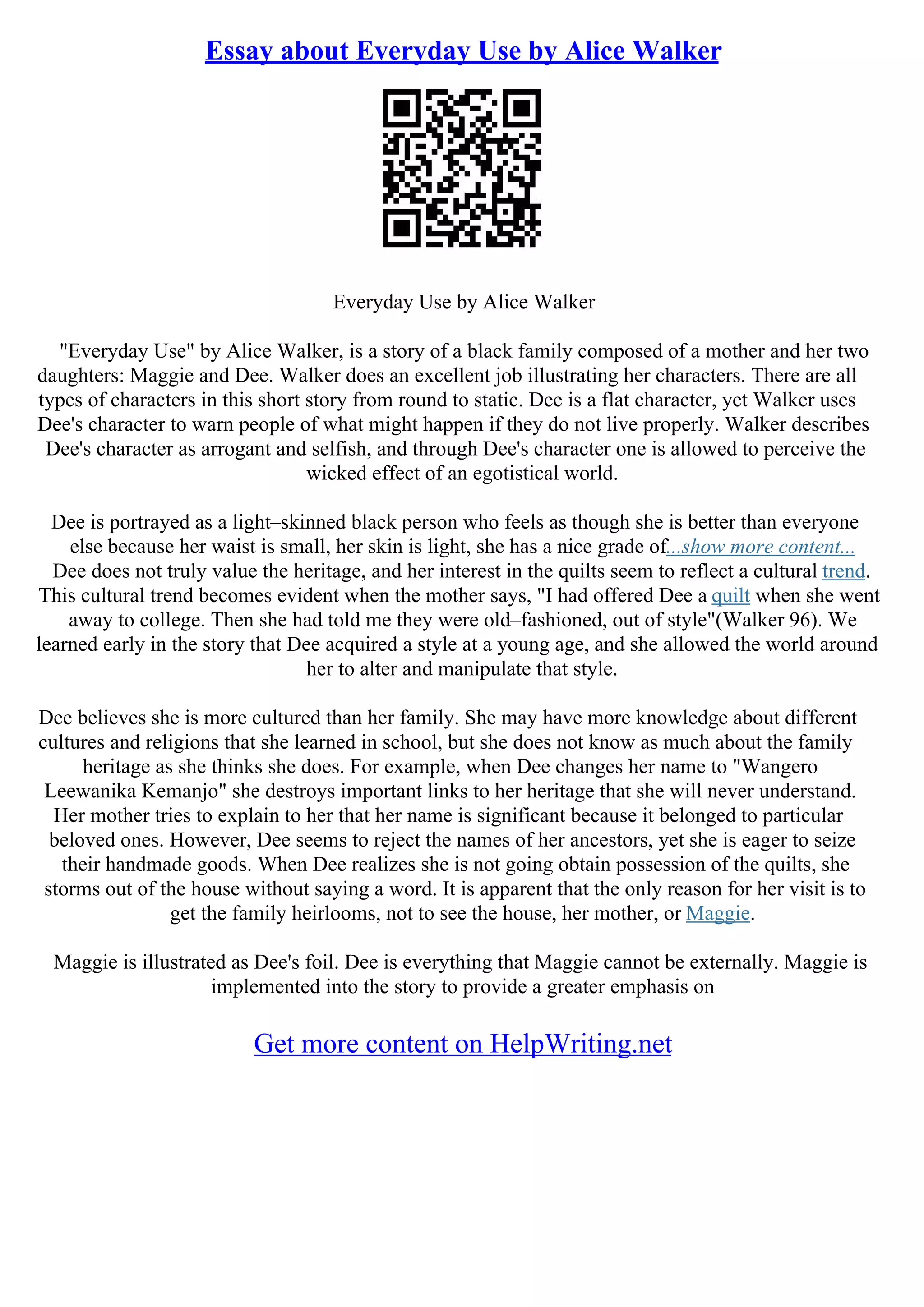 Everyday Use By Alice Walker Essay | PDF