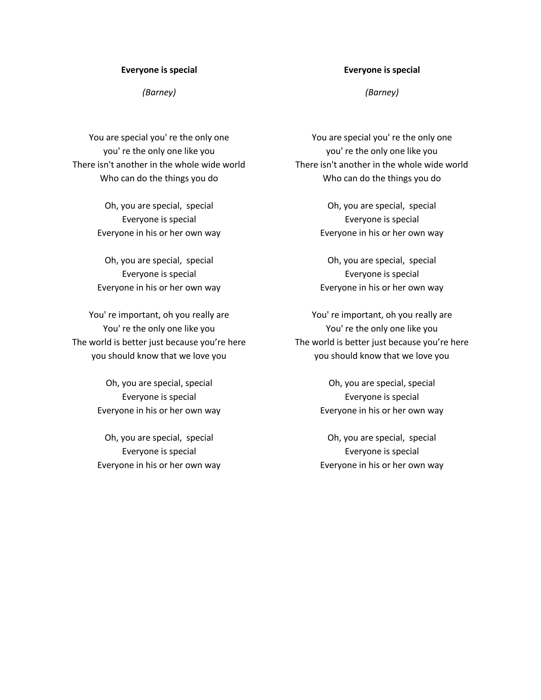 Everyone is special (song lyrics) | PDF