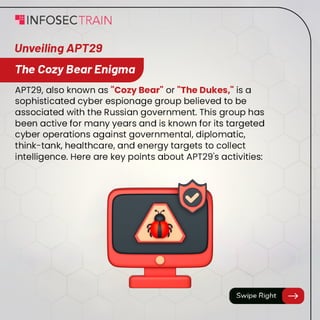 Everything about APT 29 𝐓𝐡𝐞 𝐂𝐨𝐳𝐲 𝐁𝐞𝐚𝐫 𝐄𝐧𝐢𝐠𝐦𝐚 | PDF
