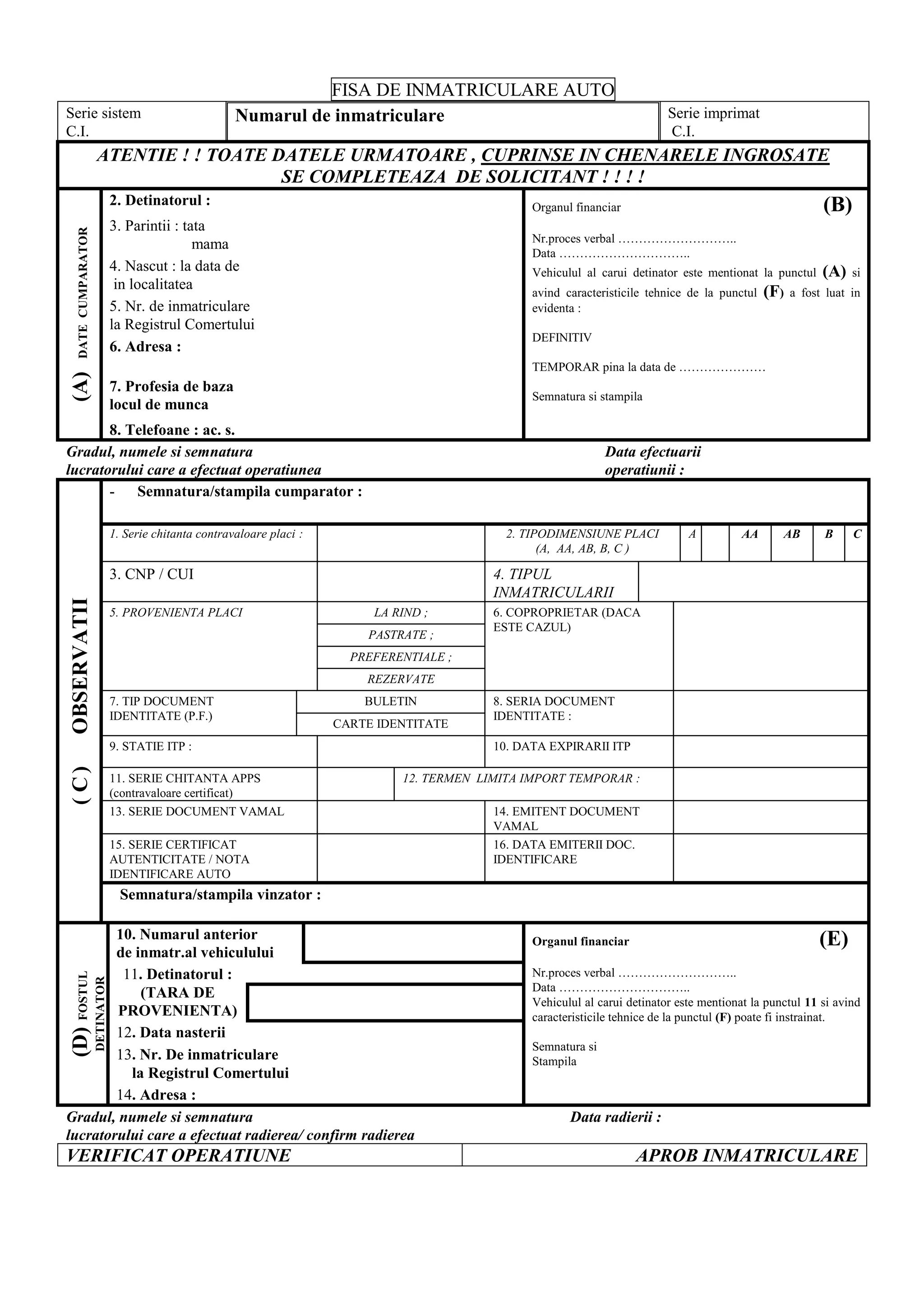 FISA DE INMATRICULARE AUTO | PDF
