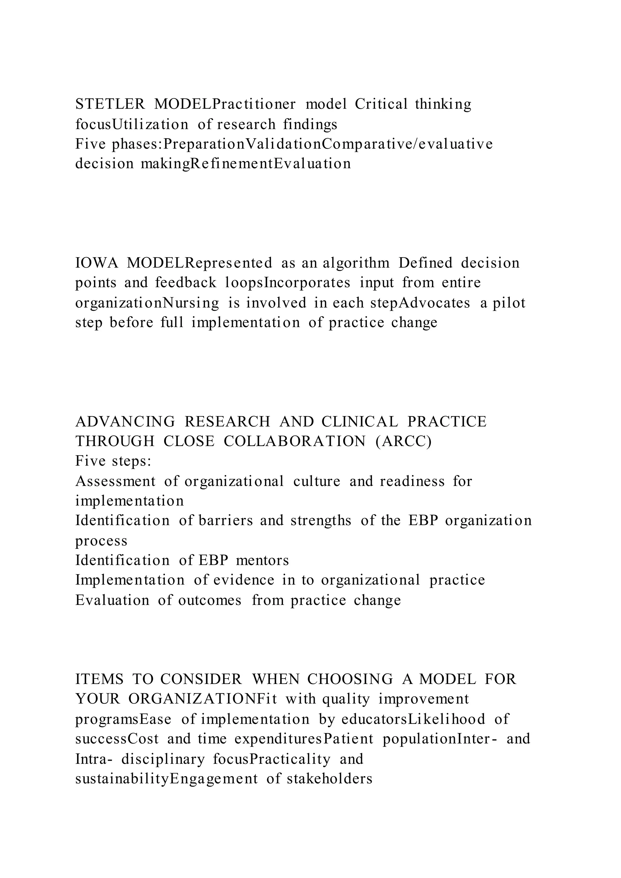 EVIDENCE-BASED PRACTICE (EBP) MODELS AND ORGANIZATIONSNS | DOCX