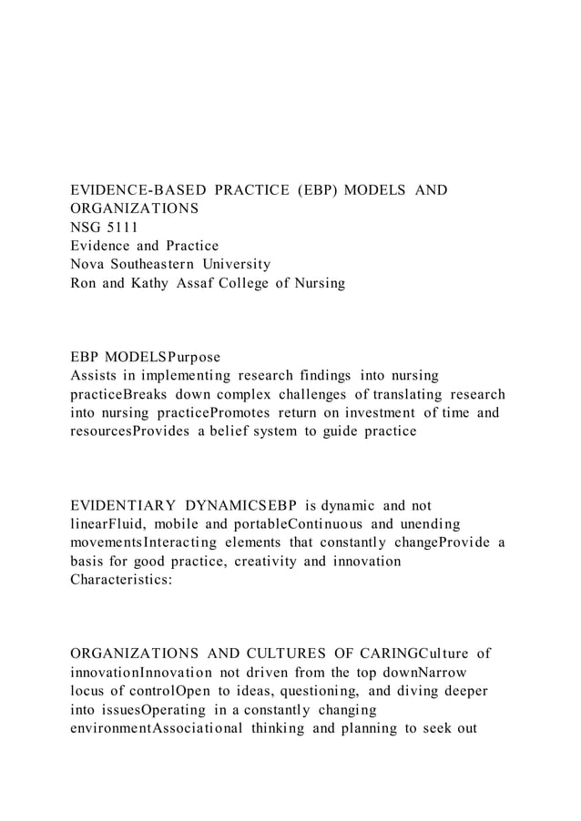 EVIDENCE-BASED PRACTICE (EBP) MODELS AND ORGANIZATIONSNS | DOCX