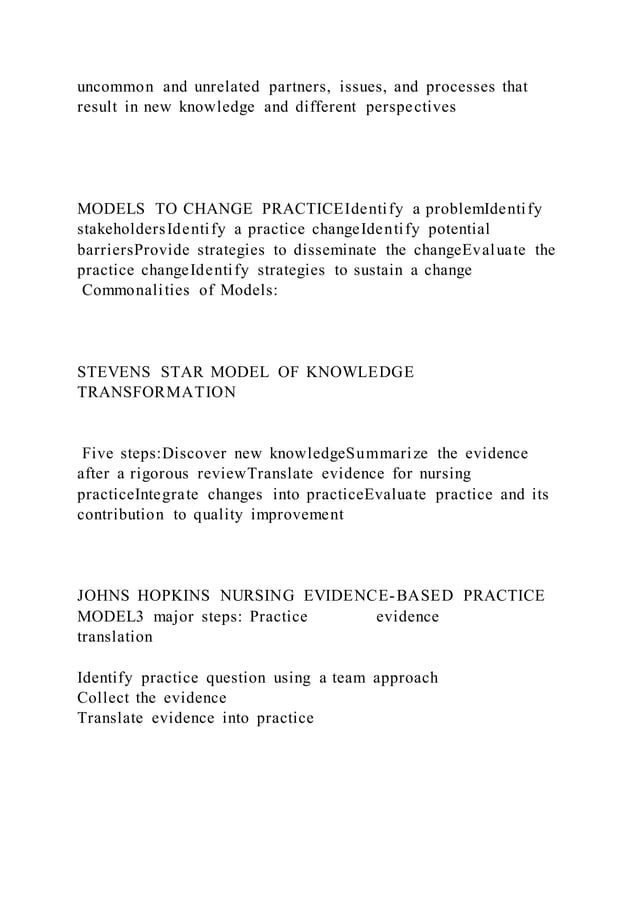 EVIDENCE-BASED PRACTICE (EBP) MODELS AND ORGANIZATIONSNS | DOCX