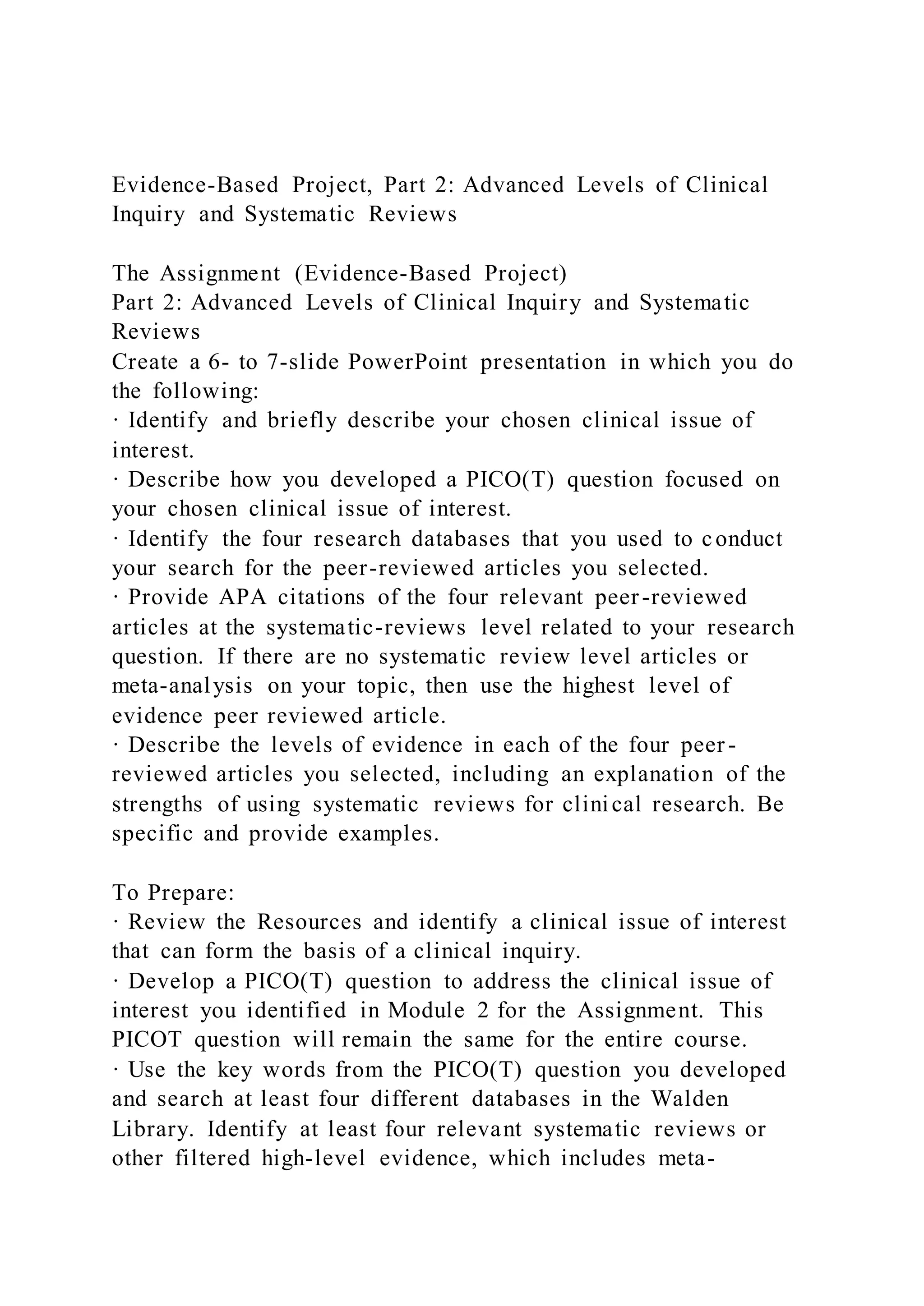 Evidence based project, part 2 advanced levels of clinical inquir | DOCX