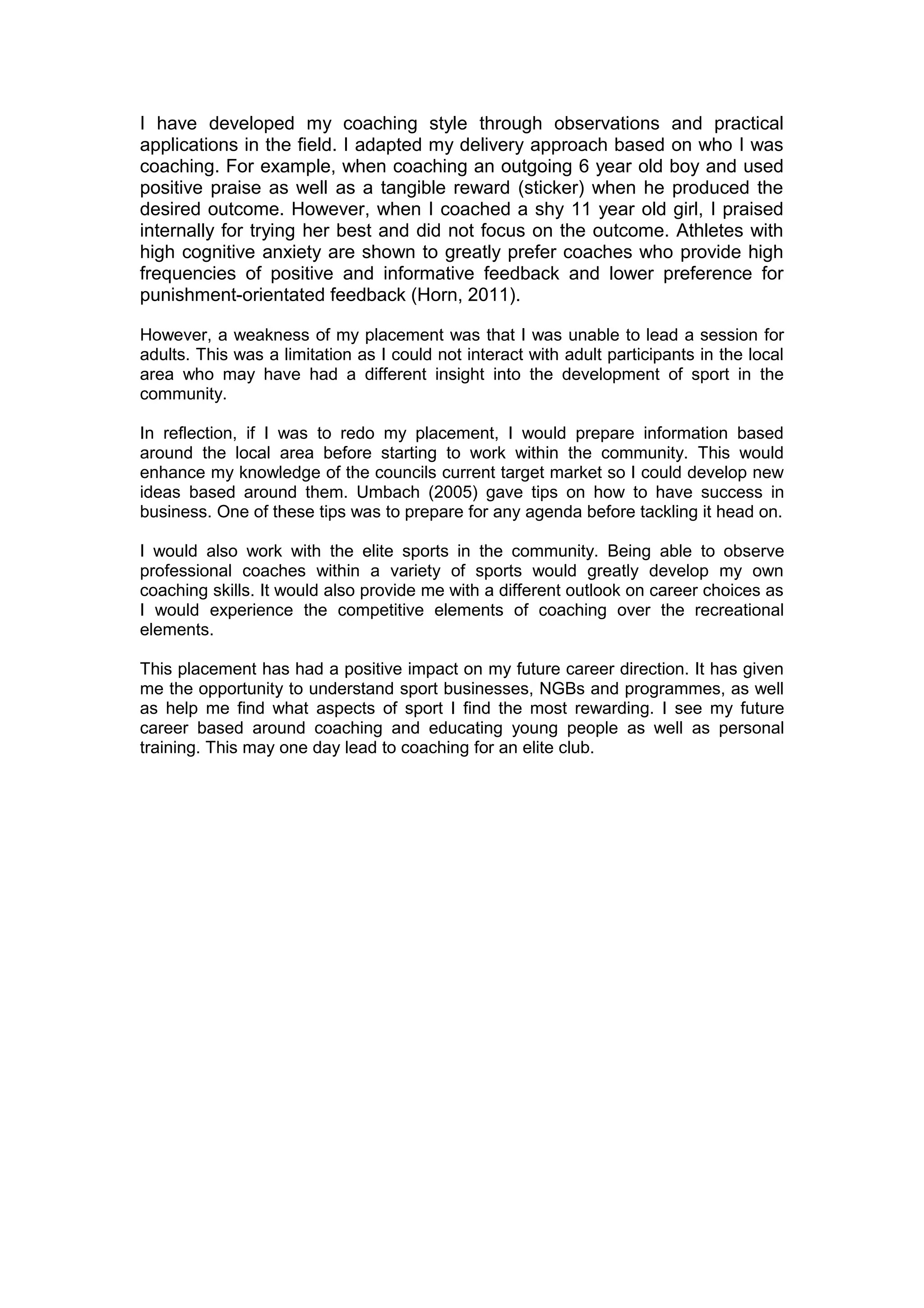 Evidence based reflective report on placement | DOC