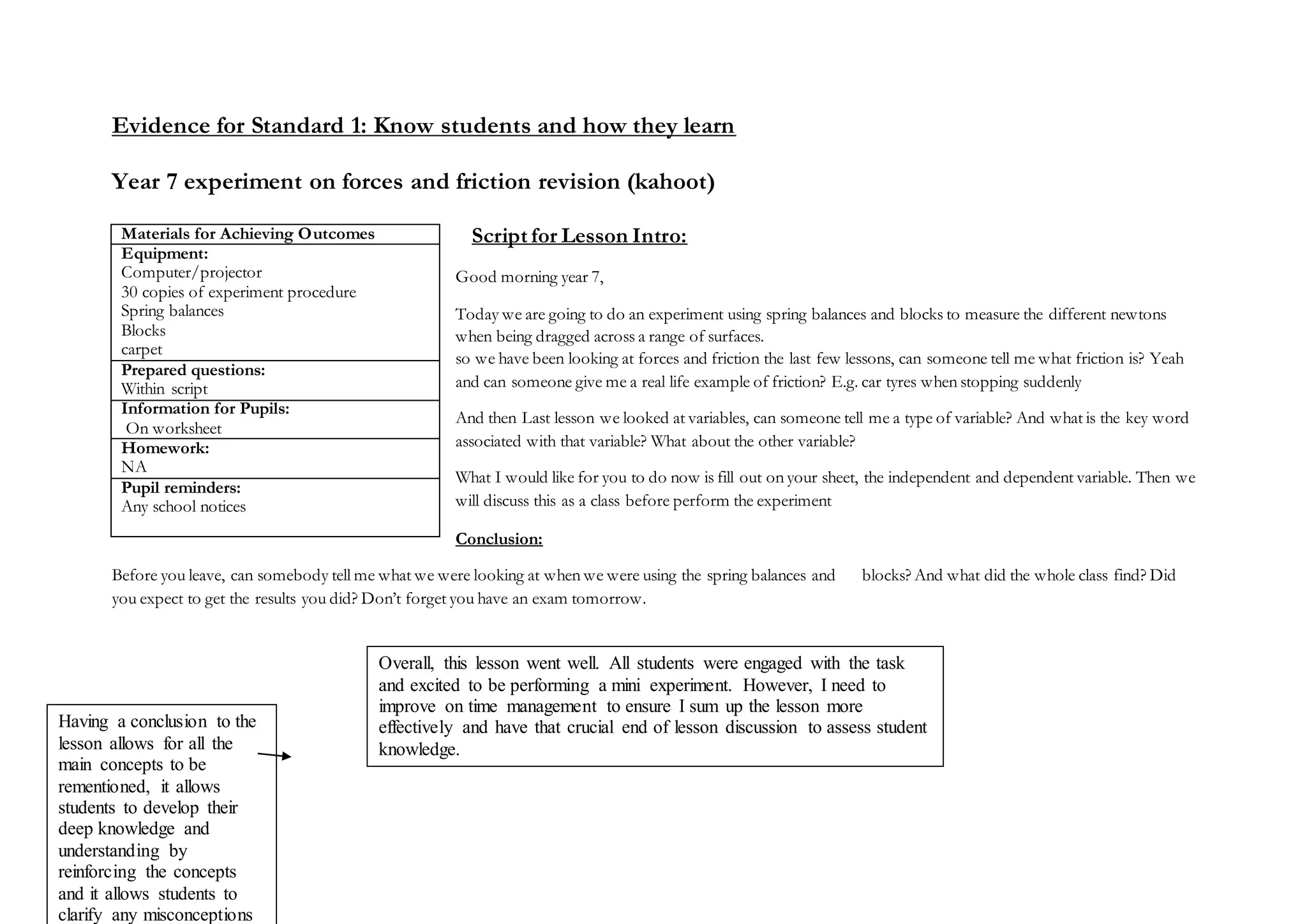 Evidence for standard 1 lesson plan | DOCX | Physics | Science