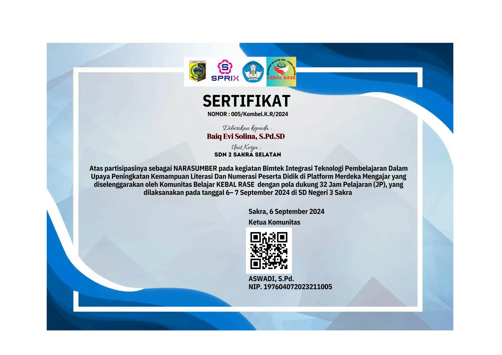 contoh sertifikat kombel sekolah lombok timur | PDF