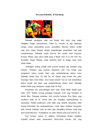 Sejarah Dulmuluk di Palembang dan Keberadaannya Sekarang | DOCX