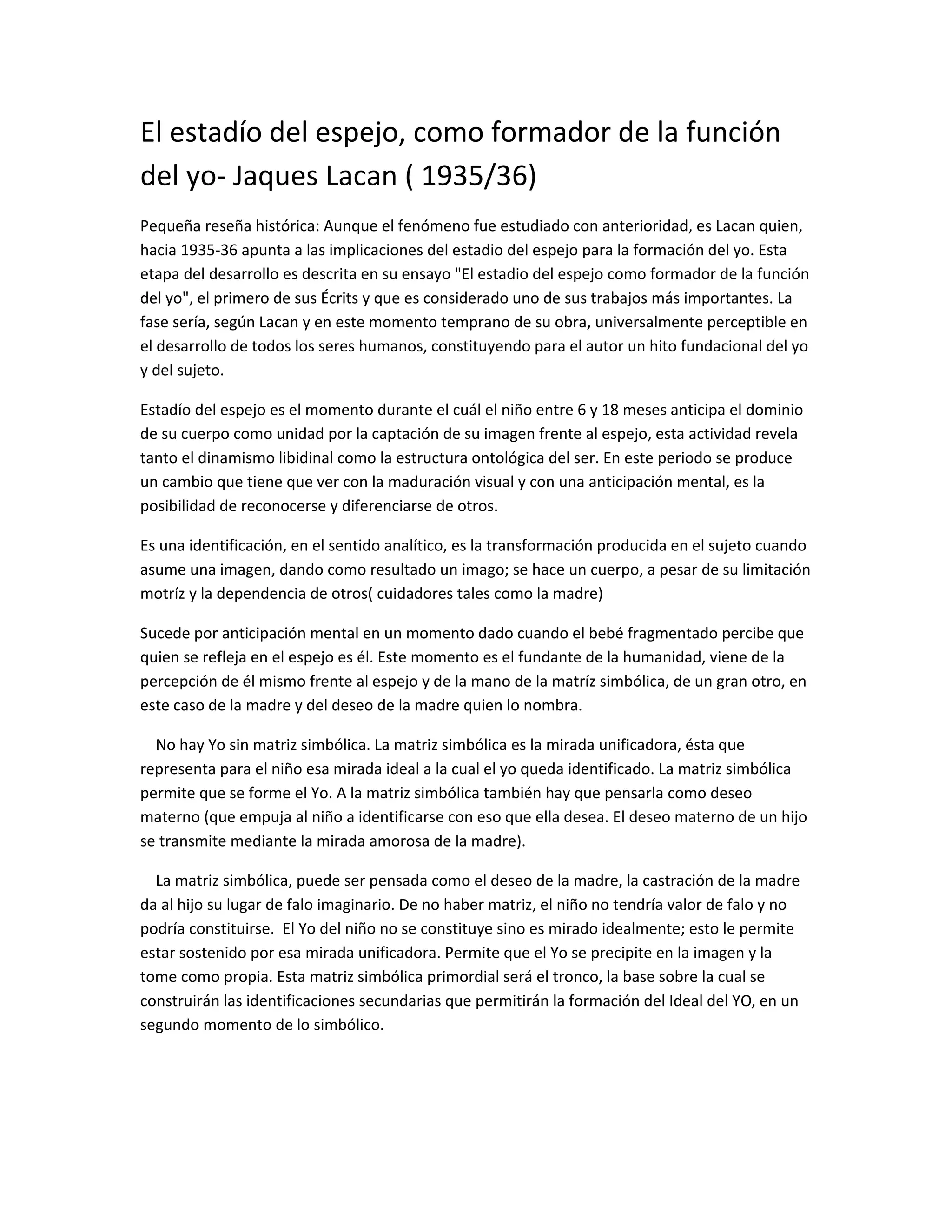 Estadío del espejo, J. Lacan. | RTF